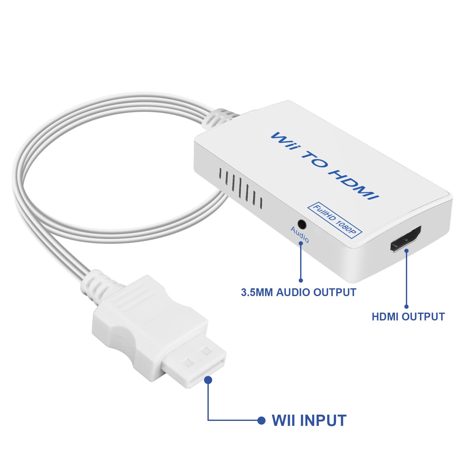 Wii to HDMI Converter with HDMI Cable Wii to HDMI Adapter 1080p 720p Output Video and Audio with 3.5mm Jack Audio, Support All Wii Display (White )