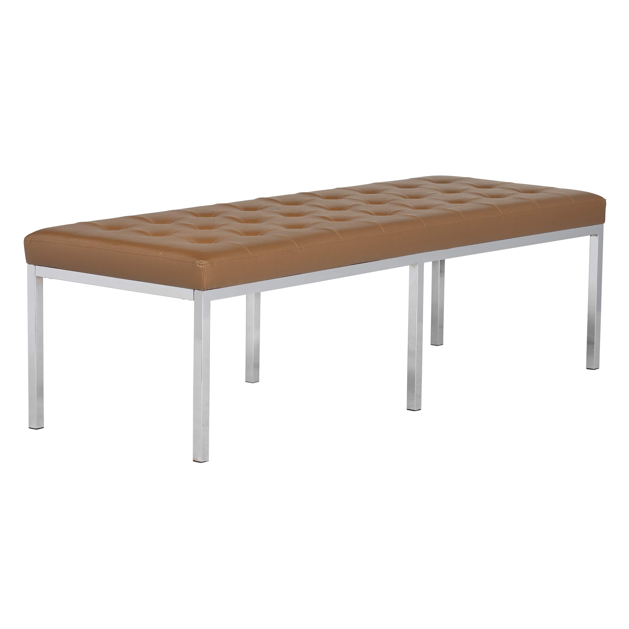 Studio Designs Home 60" Wide Lintel Tufted Bench/Ottoman in Caramel Brown Bonded Leather and Chrome Metal