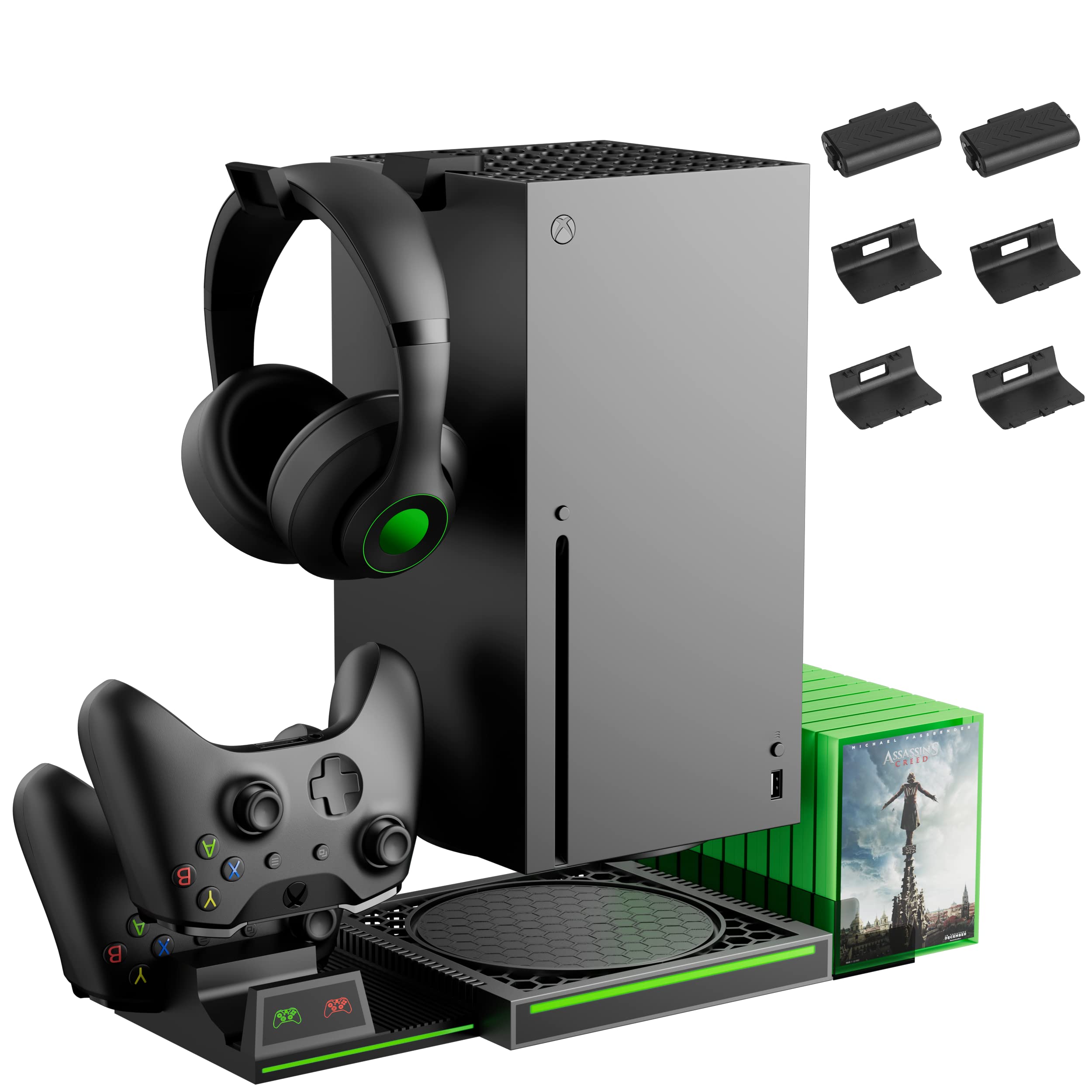 Wiilkac Vertical Stand for Xbox Series X Console with 10Games Slots Holder&Headphone Hook, Dual Controller Charging Station Dock with 2 Rechargeable Battery Packs for Xbox Series X/S, Xbox One X/S
