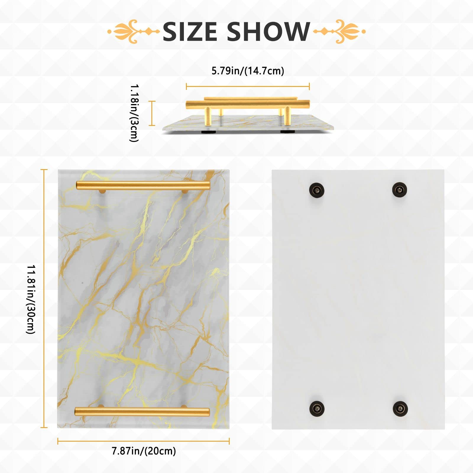 Vanity Tray White Marble with Golden Decorative Tray Bathroom Acrylic Jewelry Perfume Trays with Handle Makeup Dresser Cosmetic Bedroom Kitchen, 12x8 in