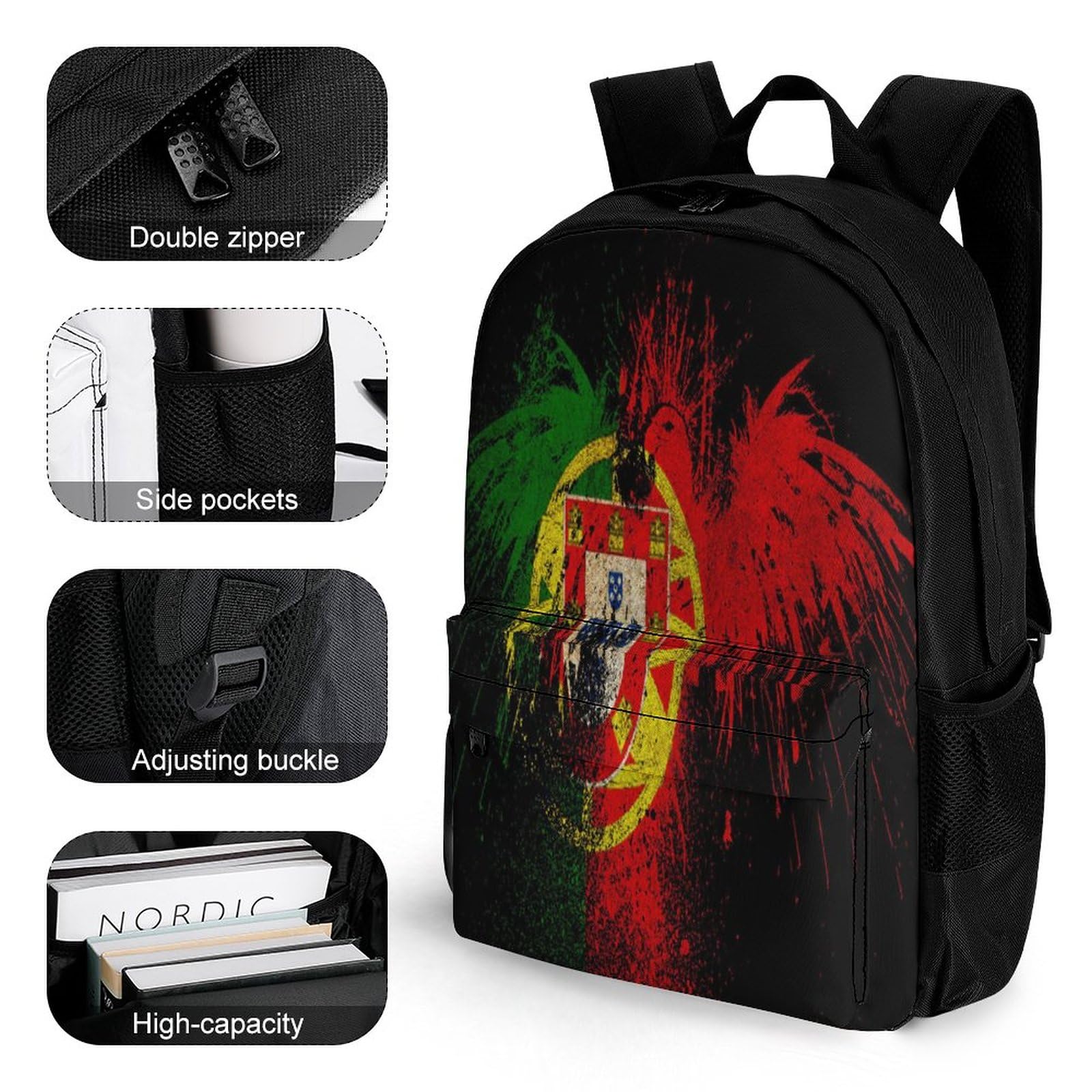 Supdreamc Flag of Portugal Daypack Backpack Durable Polyester Multipurpose Anti-Theft Shoulder Bag Big Capacity Gym Outdoor Hiking Backpack With Smooth Zippers