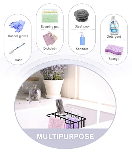 VIS'V 3 in 1 Sink Caddy Sponge Holder, 304 Stainless Steel Adhesive Kitchen Sink Basket Sponge Holder Brush Holder Dishcloth Hanger Kitchen Sink Accessories Organizer Rack with 2 Suction Cups - Black