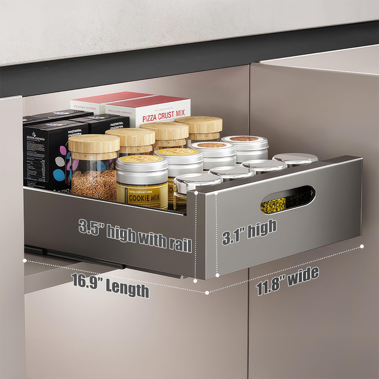 Pull Out Cabinet Organizer, Fixed with Adhesive Film, Slide Out Pantry Shelves, Pull-Out Drawers, Sliding Under Sink Storage Organization, for Kitchen, Living Room, Bathroom, 16.9"D x 11.8"W x 3.1"H