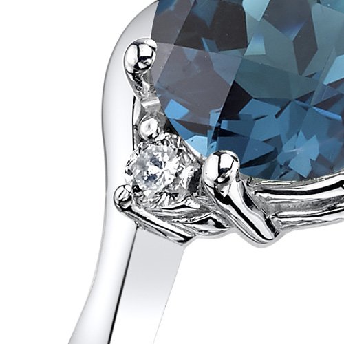 PEORA London Blue Topaz and Diamond 3-Stone Ring for Women 14K White Gold, Genuine Gemstone Birthstone, 2.25 Carats Round Shape 8mm, Size 7
