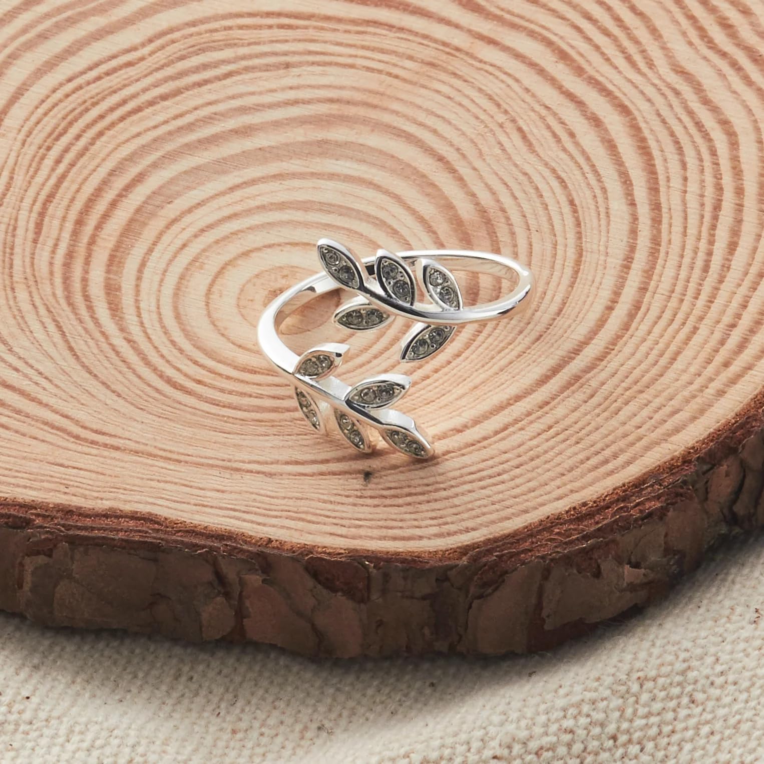 Philip Jones Silver Plated Leaf Ring Created with Zircondia® Crystals