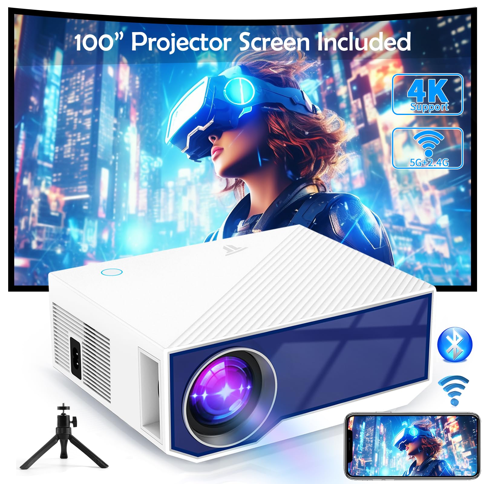 Projector with 5G WiFi and Bluetooth, Outdoor Portable Mini Projectors Support 4K, Native 1080P Video Movie Projector Compatible with iOS & Android Phone HDMI/VGA/USB/AV,12000 Lumens