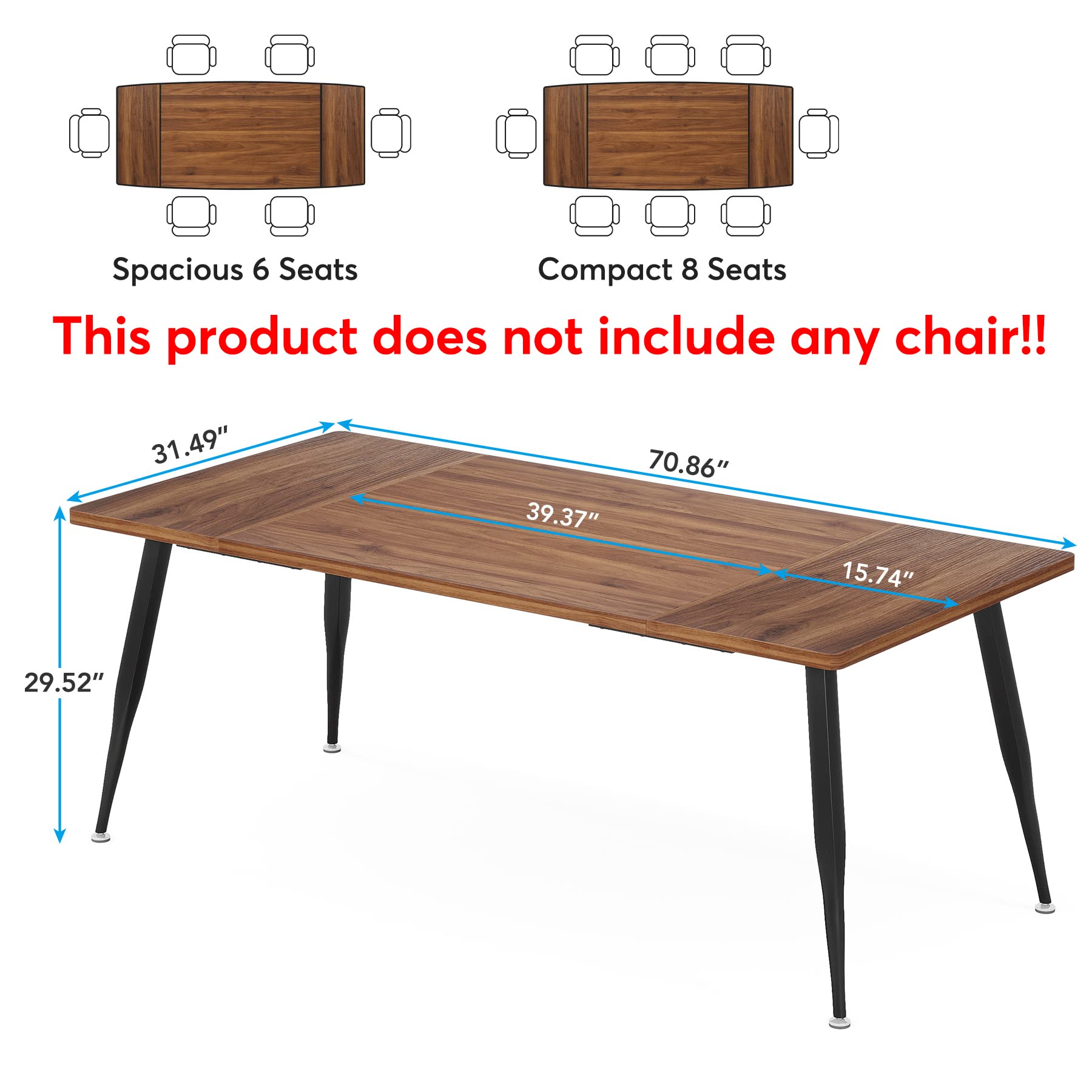 Tribesigns 6FT Conference Table, Rectangular Meeting Room Tables, Modern Industrial Seminar Table Boardroom Desk with Metal Legs for Office, 70.8’’ L x 31.5’’ W x 29.5’’ H (Brown and Black)