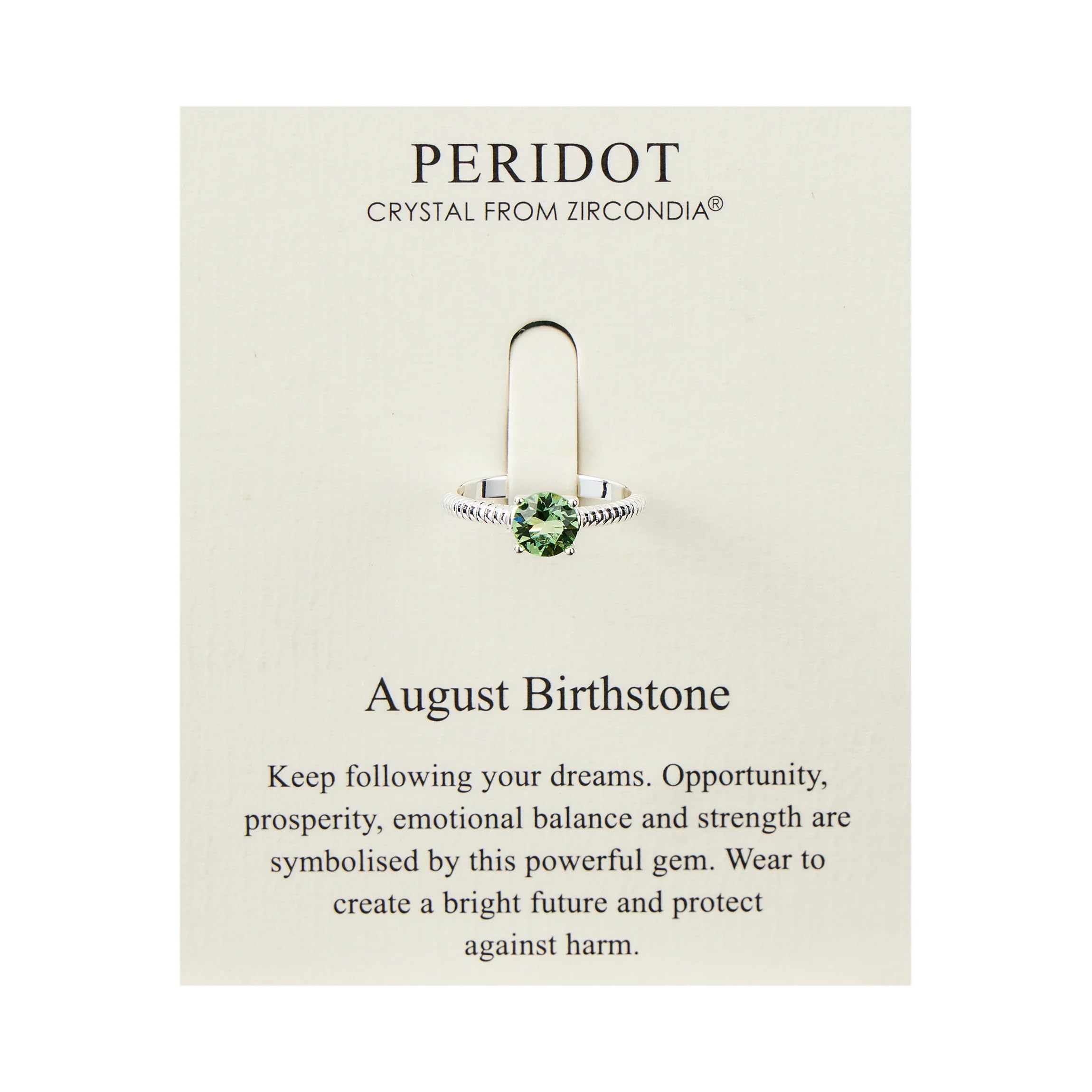 Philip Jones August (Peridot) Adjustable Birthstone Ring Created with Zircondia® Crystals