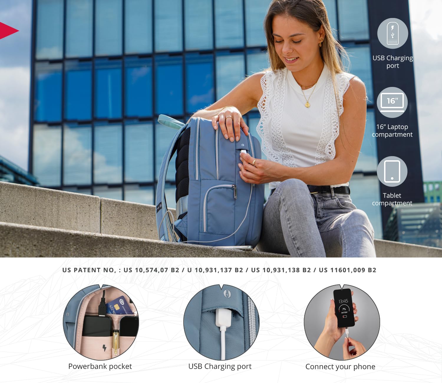 Swissdigital Design Laptop Backpack For Women, College Bookbags With USB Charging Port, Large Capacity Computer Backpacks For Work Business Blue (KATY ROSE SD1006F-13)