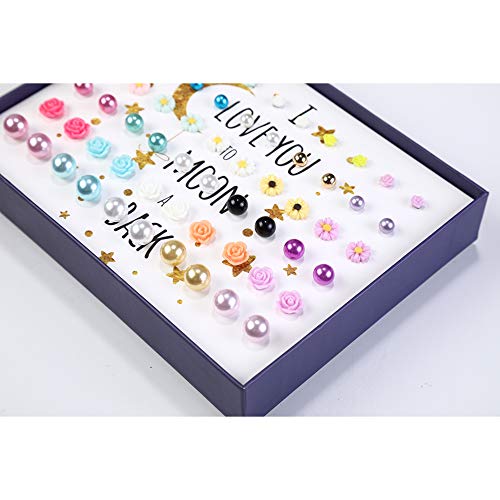 Pibupibu 30 Pairs Mix Pearls Ball Daisy Rose Flower Assorted Earrings Studs Set, Hypoallergenic (30 Balls+Flowers)