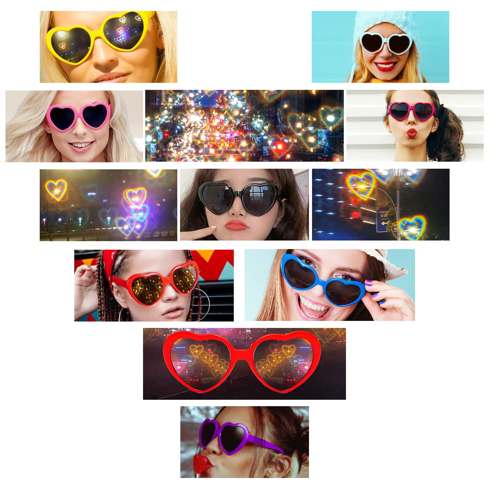 YQVIE Heart Shaped Sunglasses with Heart Effect for Women Light Changing Heart Effect Diffraction Glasses for Party Supplies (8 Colors Mix)
