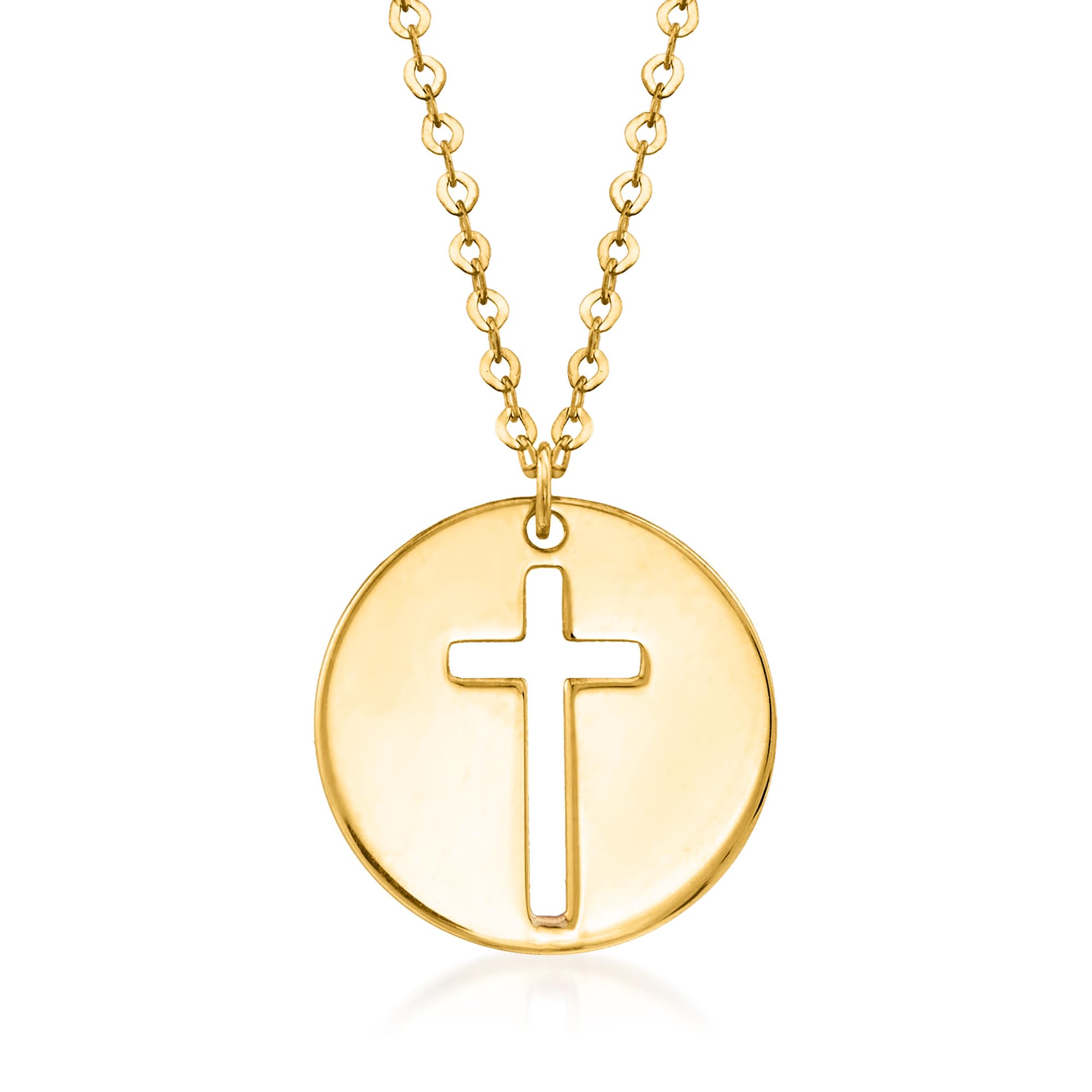 Ross-Simons Italian 14kt Yellow Gold Cross Cutout Disc Pendant Necklace. 18 inches