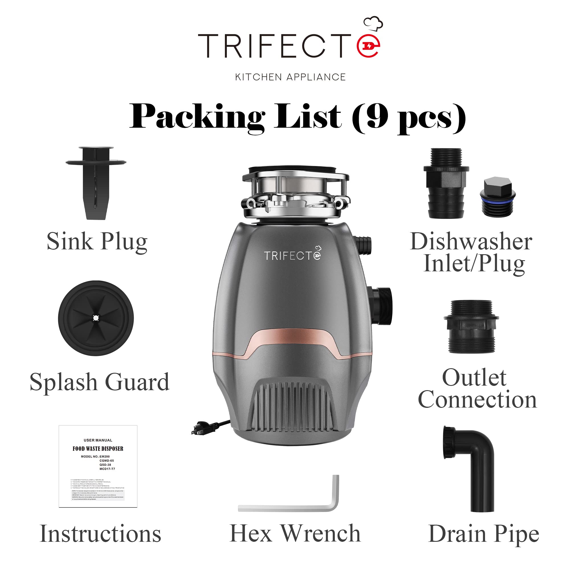 Trifecte Pro 3/4 HP Garbage Disposals with Sound Reduction,Food Waste Coutinuous Feed Garbage Disposal with Power Cord, Dishwasher Hook Up