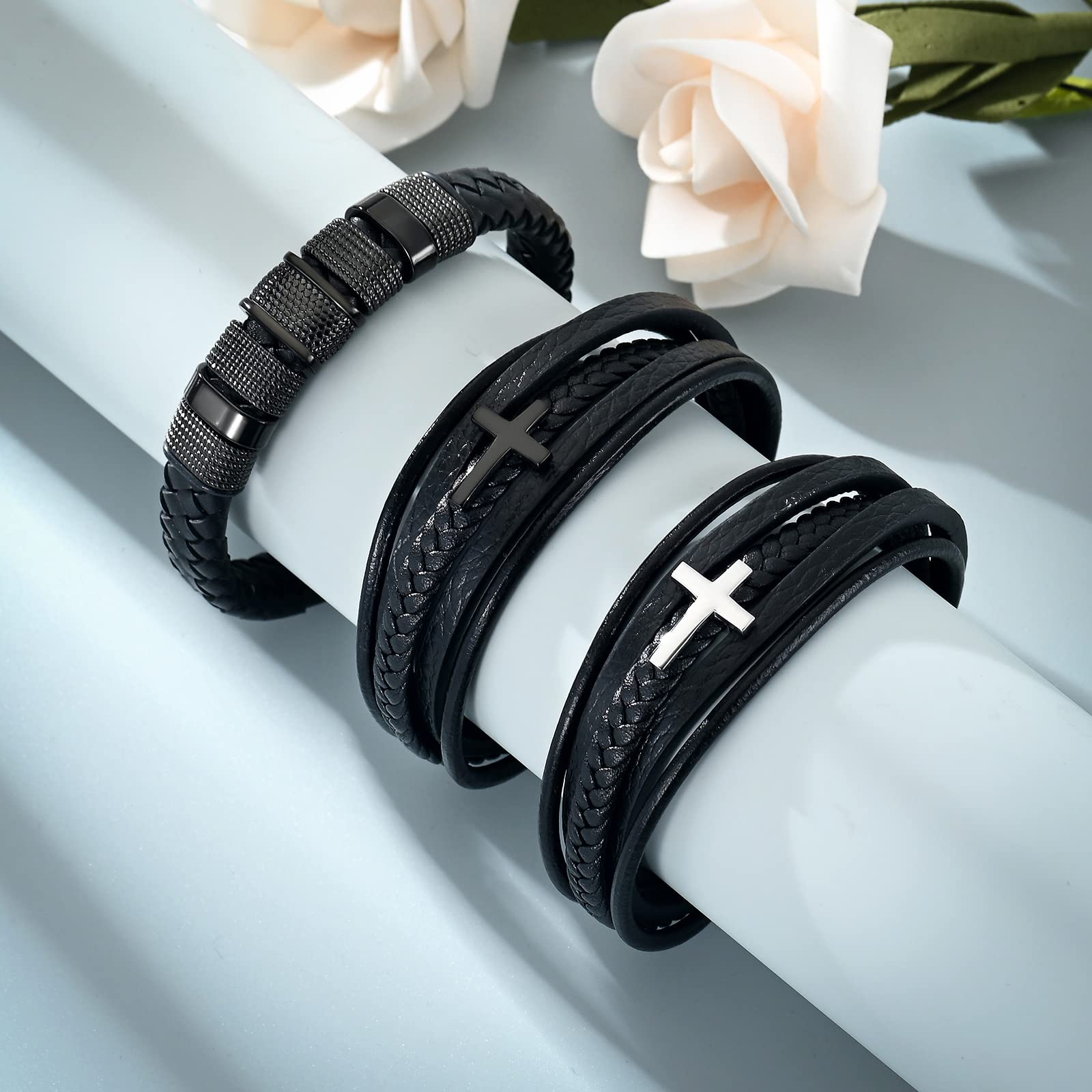 shajwo Cremation Urn Bracelet for Ashes Jewelry for Women Men Memorial Keepsake Cuff Bangle Leather Bracelet,Black 22cm