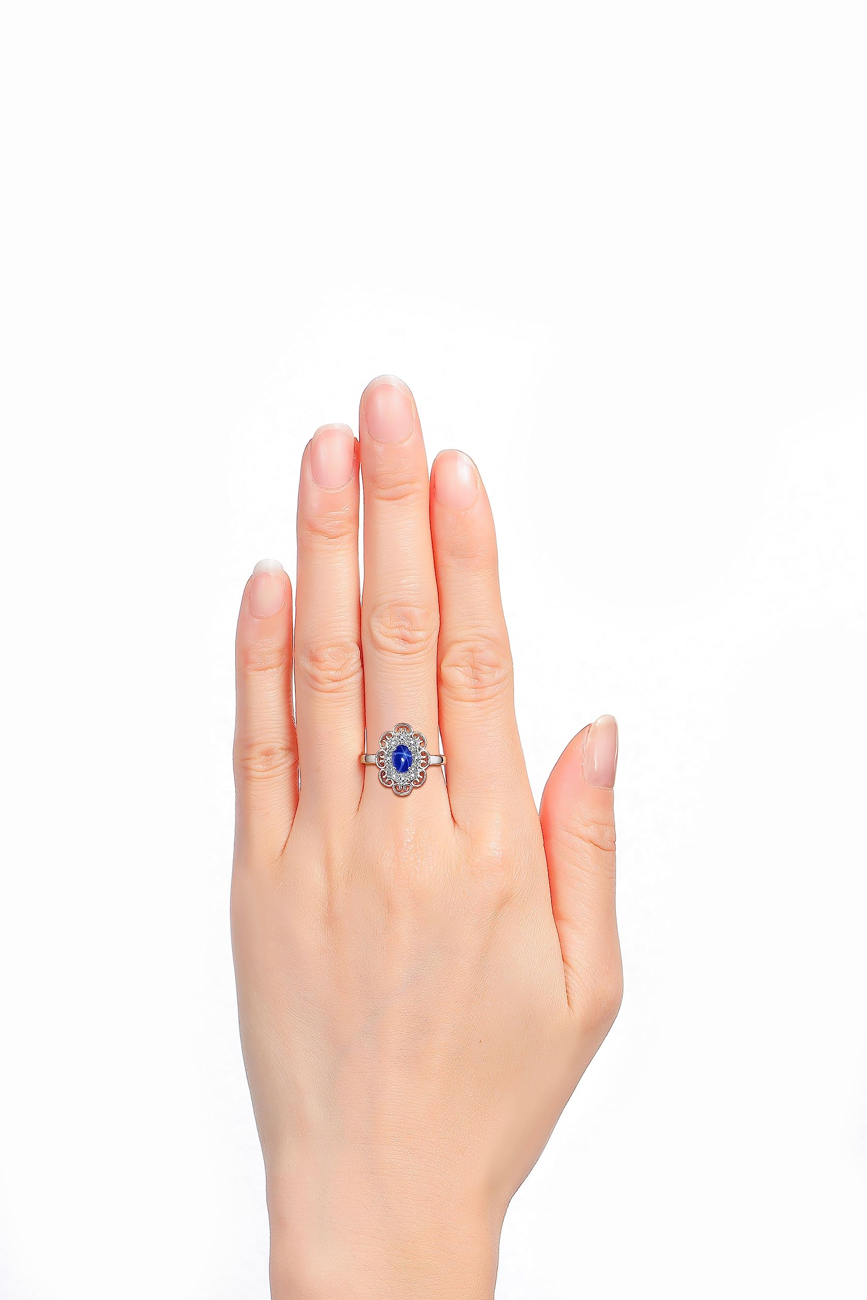 Rylos Sterling Silver Floral Designer Ring with 6x4 MM Oval Blue Star Sapphire Gemstone & Sparkling Diamonds - Birthstone Jewelry for Women -Size 7