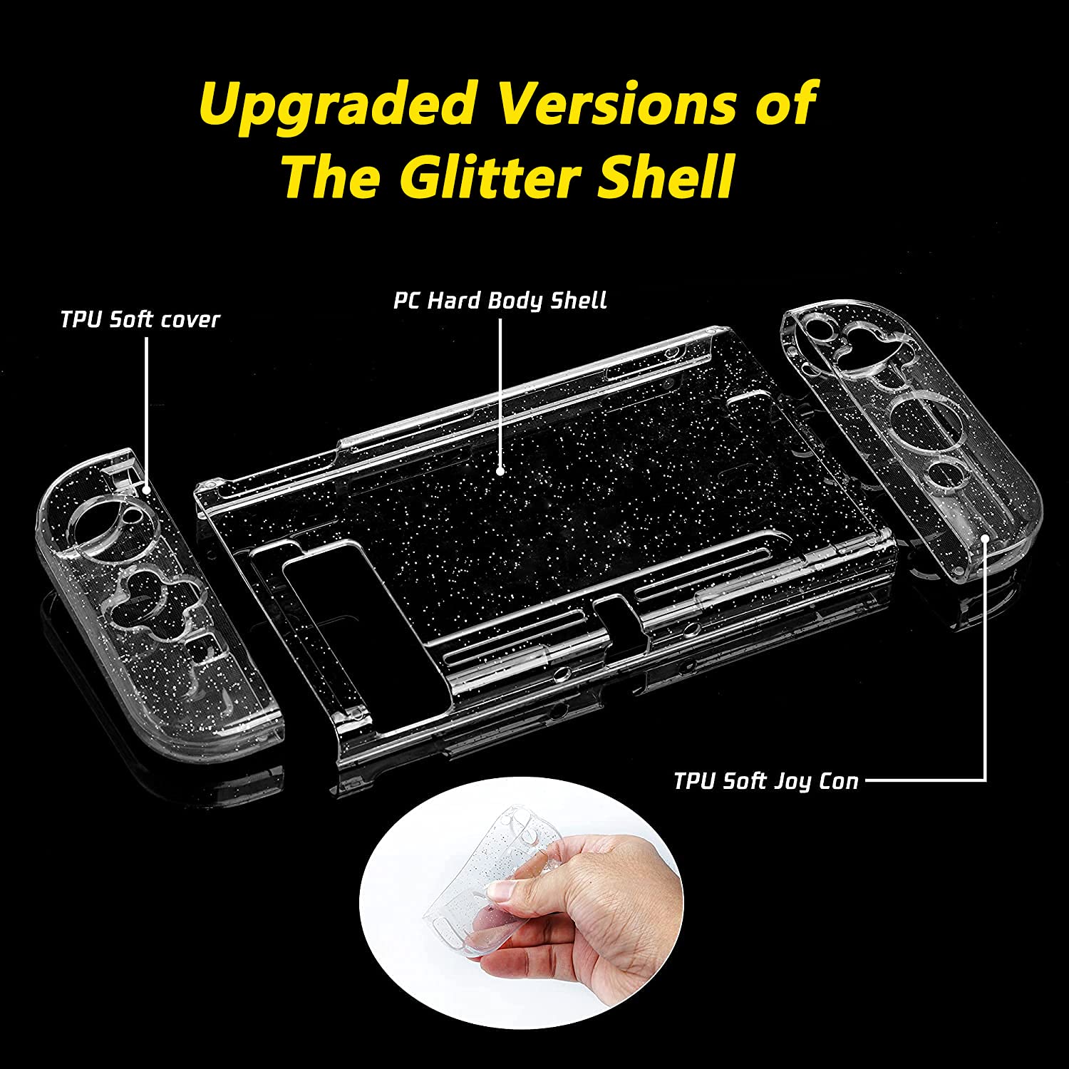 Switch Case for Nintendo Switch, Glitter Dockable Case for Switch Hard Shell Skin Protective Cover with 4 Pcs Thumb Caps Switch NS Games Protector -Crystal