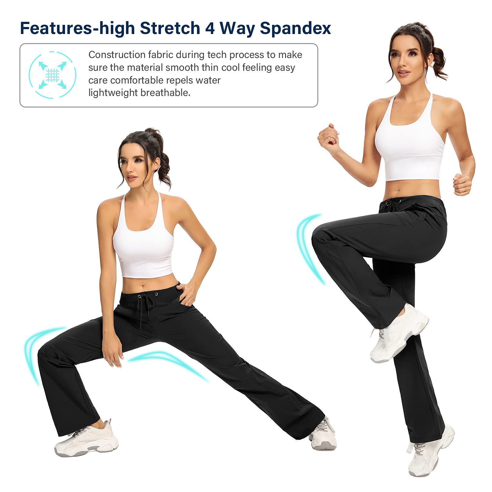 Women's Hiking Pants Travel Quick Dry Lightweight Outdoor Casual Elastic Waist Cargo Pants Black