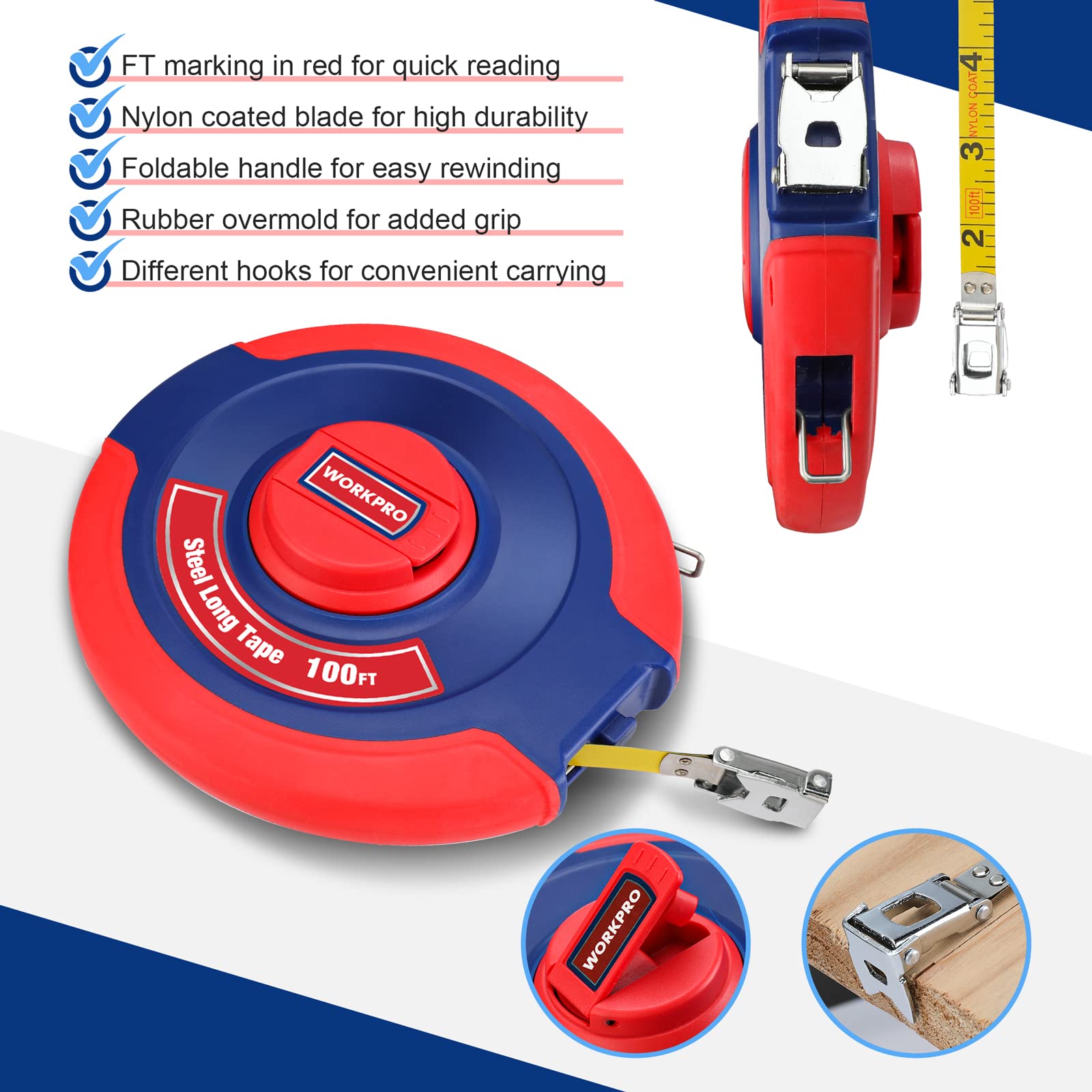 WORKPRO 100 FT Tape Measure, Closed Reel Steel Long Tape with Foldable Handle, Nylon Coated, Plastic and Rubber Case