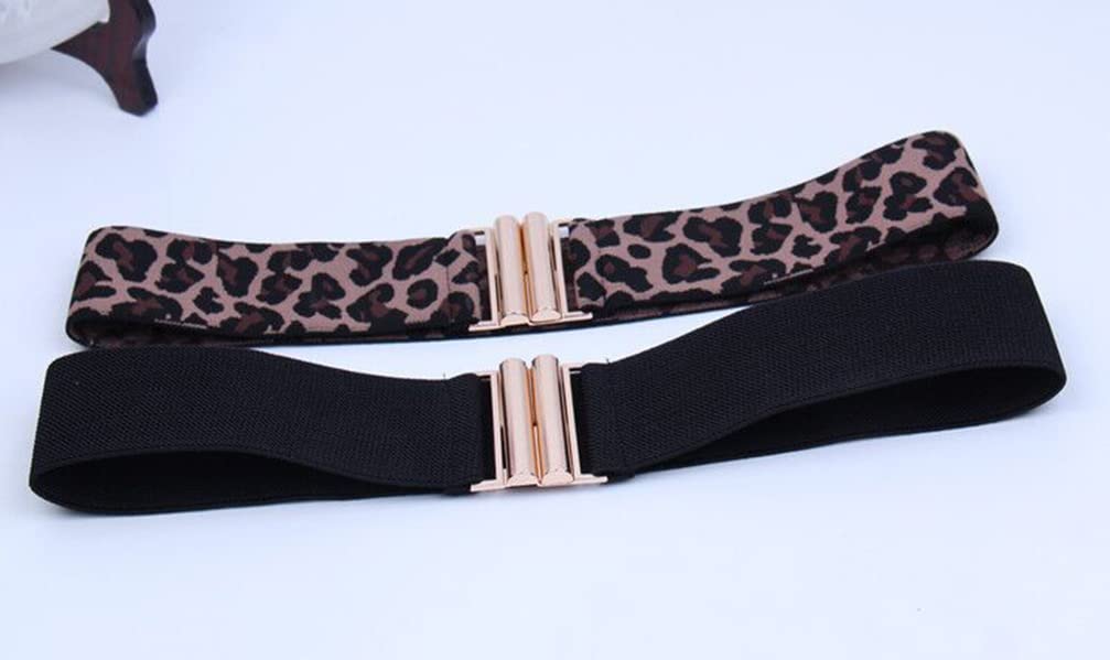 Women's Ladies Elastic Vintage Leopard Print Obi Belts Stretchy Retro PU Leather Waist Cinch Belt (Leopard Gold, Below 39")