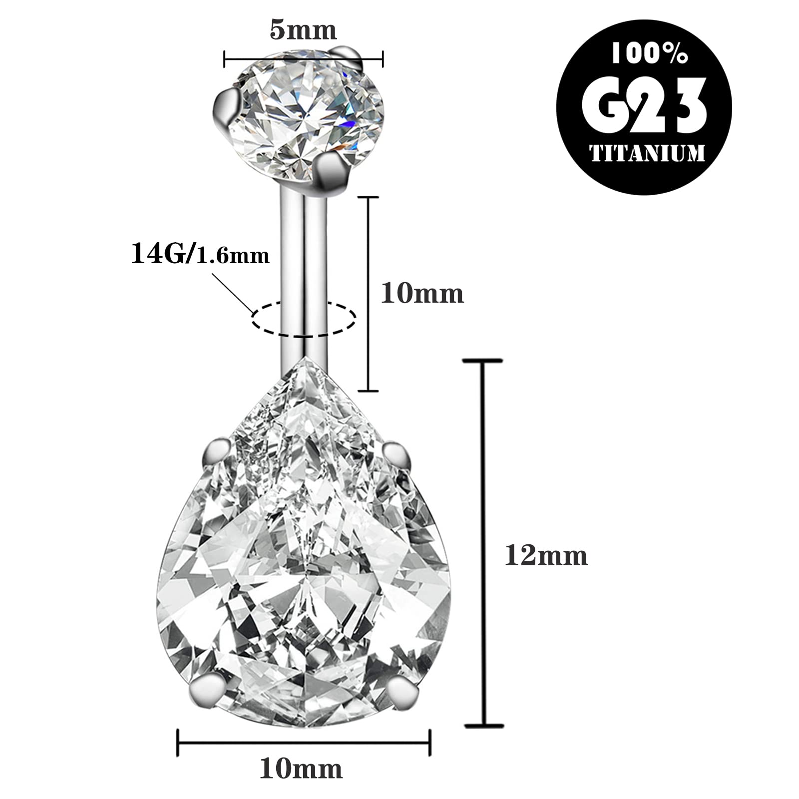 YSWUJIN G23 Solid Titanium Belly Button Ring14G CZ Belly Navel Rings,Cubic Zirconia Navel Rings Belly Button Body Piercing Jewelry (C1, Titanium)