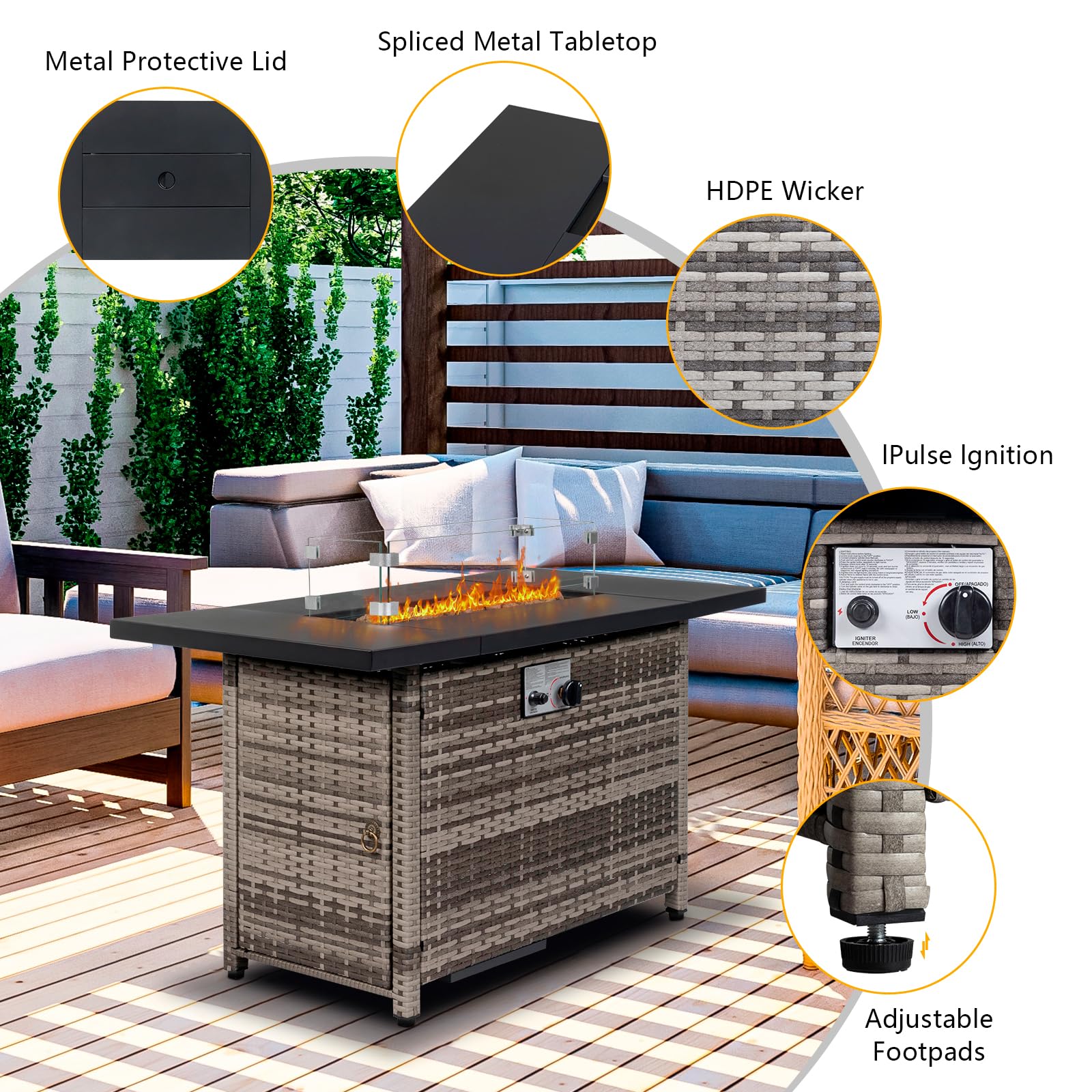 Propane Fire Pit Table, Outdoor Gas Fire Pit Rectangle 50000 BTU, 43 Inch Fire Table for Outside Patio with Auto Ignition, Aluminum Tabletop, Glass Wind Guard, Cover, Beige Wicker