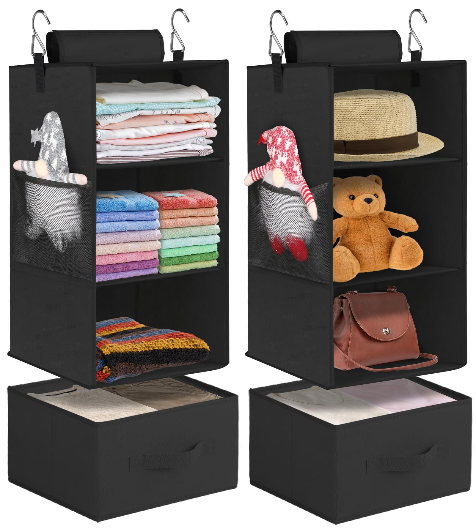 punemi 2 Pack 3-Shelf Hanging Closet Organizer and Storage, Hanging Closet Storage Organizer with Drawers, Foldable Hanging Shelves for Closet, Wardrob, 22.8" D x 11" W x 11" H, Black