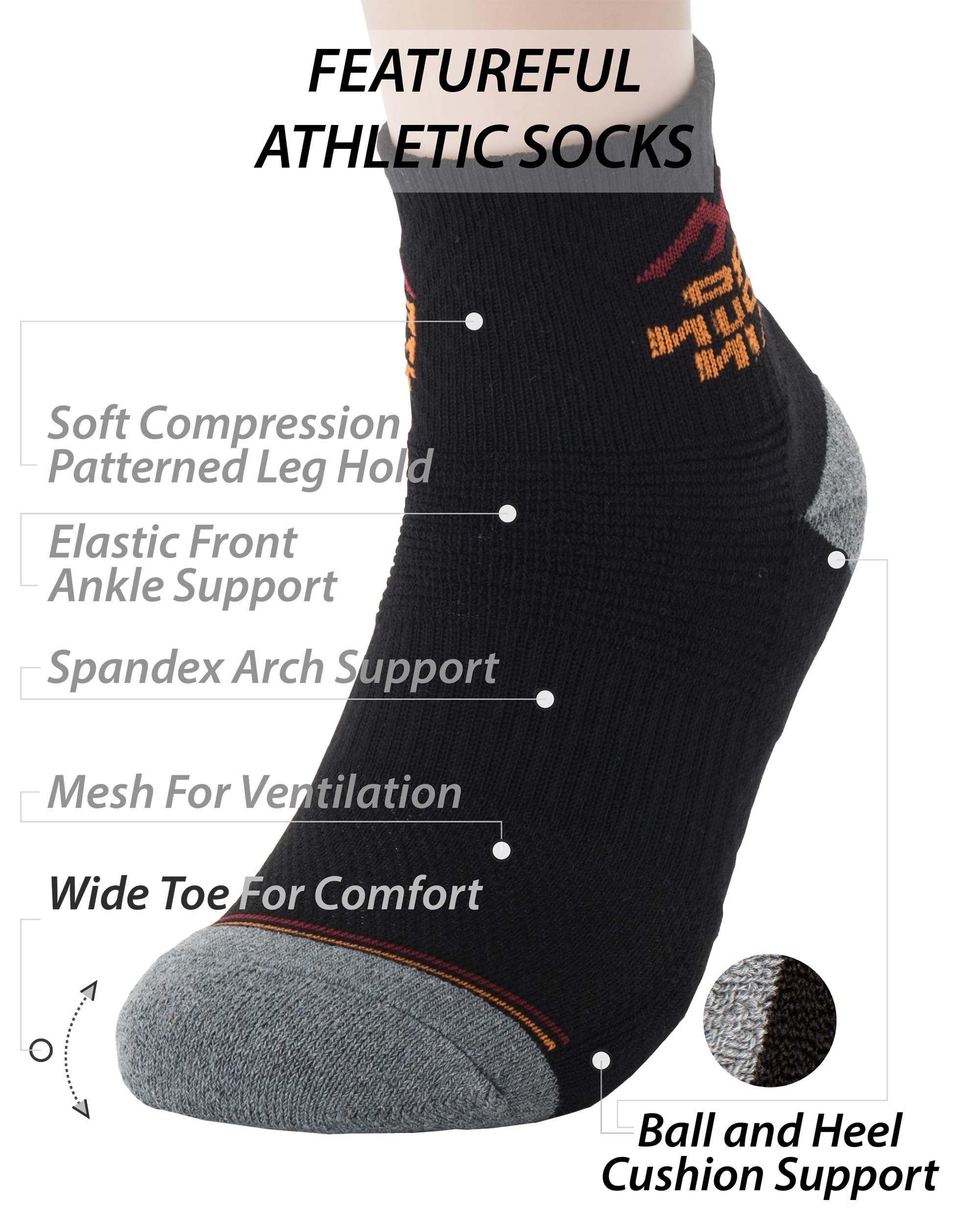 Pro Mountain Quarter Ankle Compression Athletic Cotton Mesh Hiking Socks W Logo Size M US Men Shoes 7-9 Women 8-10 Black 6 Pairs Pack