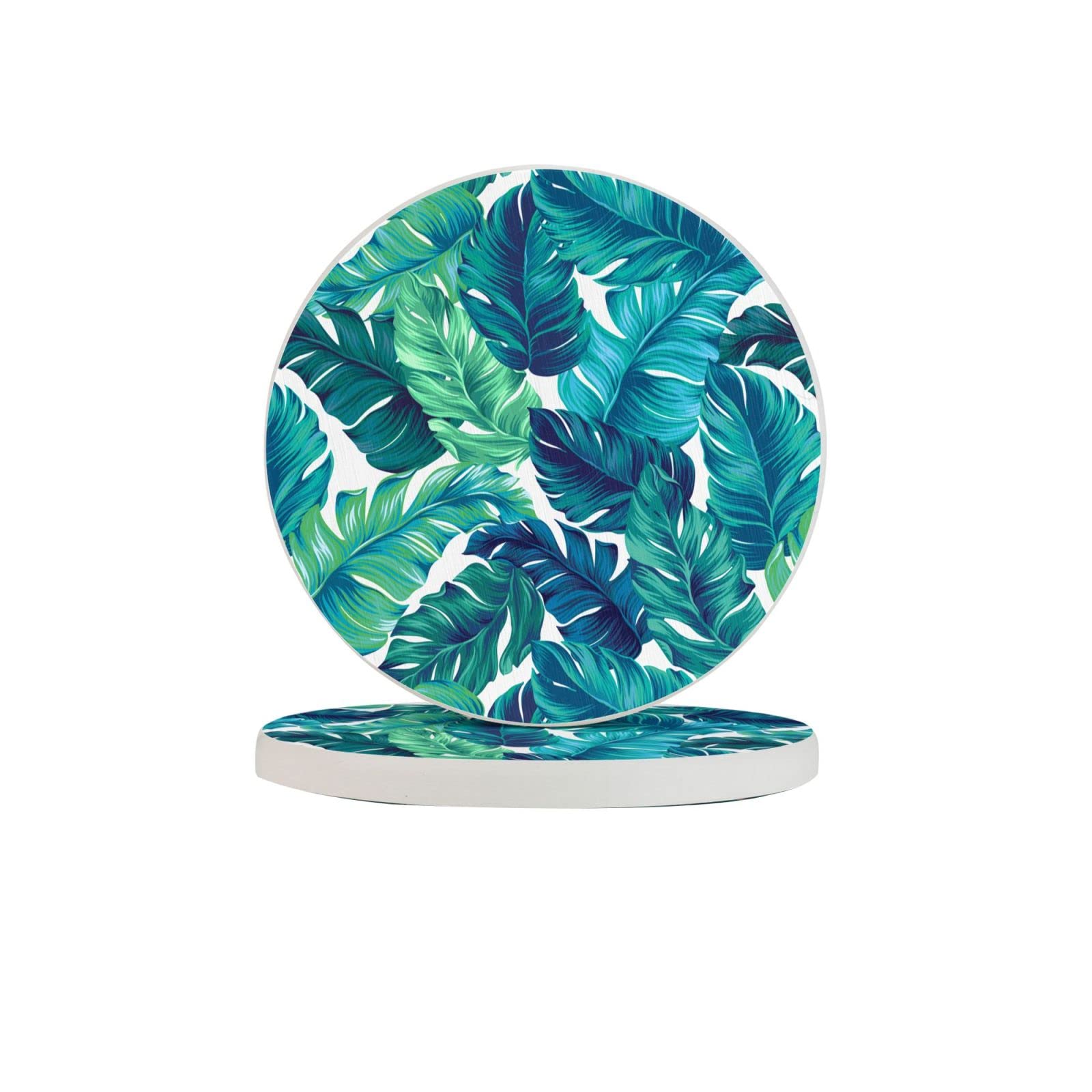 Tropical Palm Leaves Coasters for Drinks, Absorbent Coasters Set of 2, Coffee Cup Tabletop Protection Coaster, Housewarming Bar Kitchen Home Decor 4 Inch