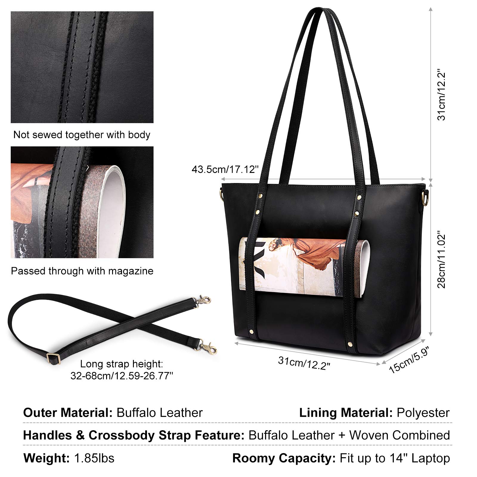 S-ZONE Genuine Leather Tote Bag for Women Vintage Shoulder Handbag Purse with Crossbody Strap Medium
