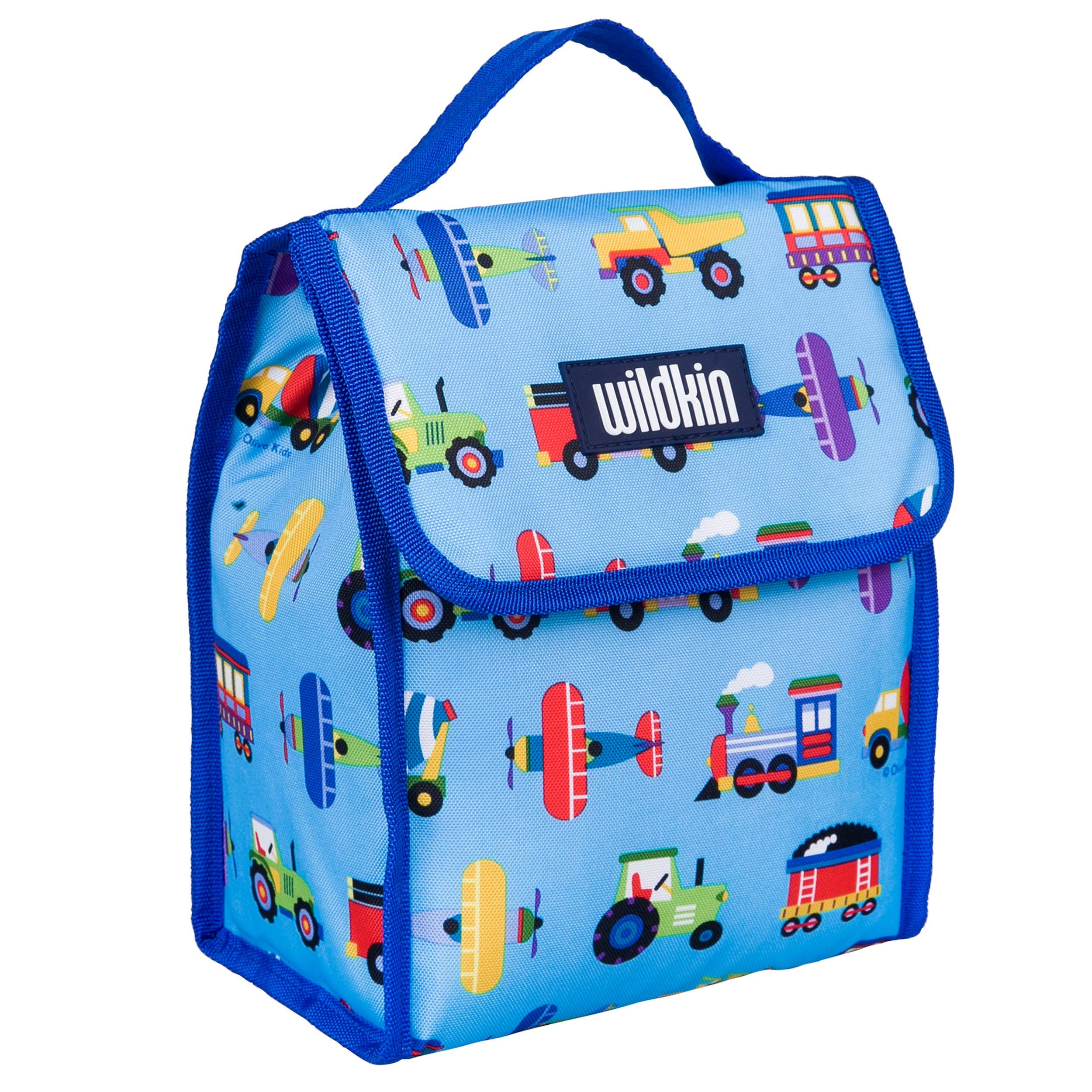 Wildkin 12 Inch Backpack and Lunch Bag Bundle with 14 Ounce Steel Water Bottle (Trains, Planes & Trucks)