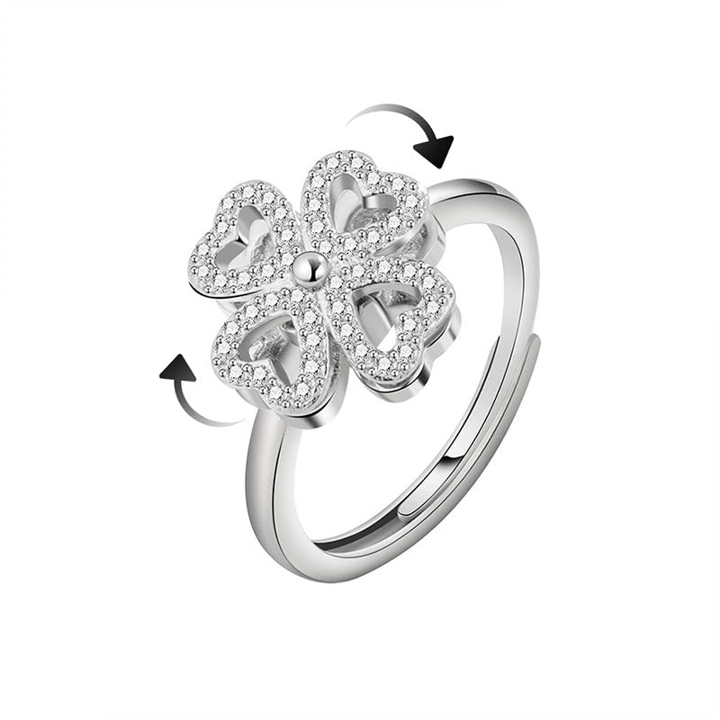 YJZON Anxiety Ring for Women,925 Sterling Silver Adjustable Ring,Fidget Rings Four-leaf Clover Spinner Ring with Jewelry Gift Box