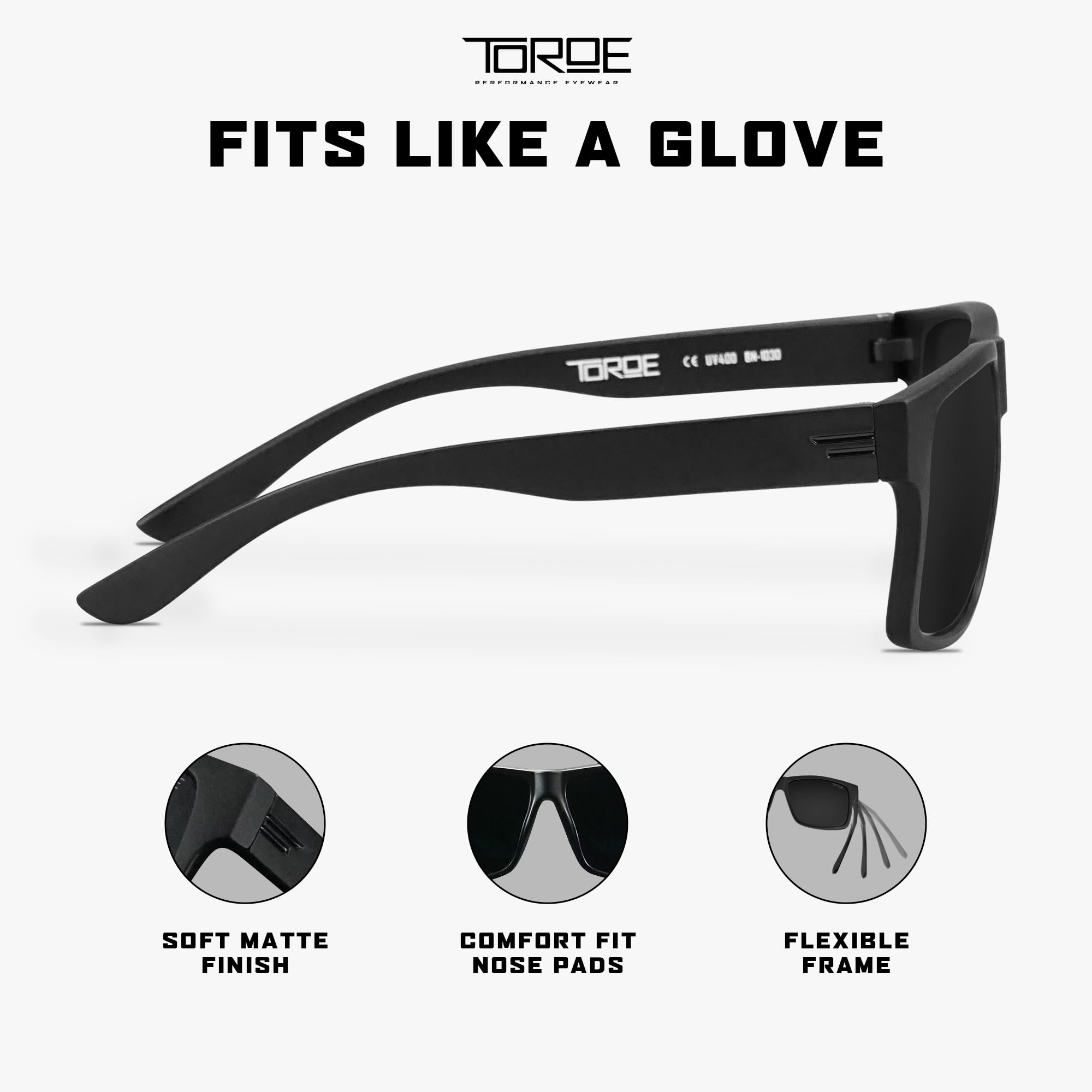 TOROE Men's Black Sqaure TR90 Frame Sunglasses with Polarized Anti Reflective Water Repellant Polycarbonate Lens