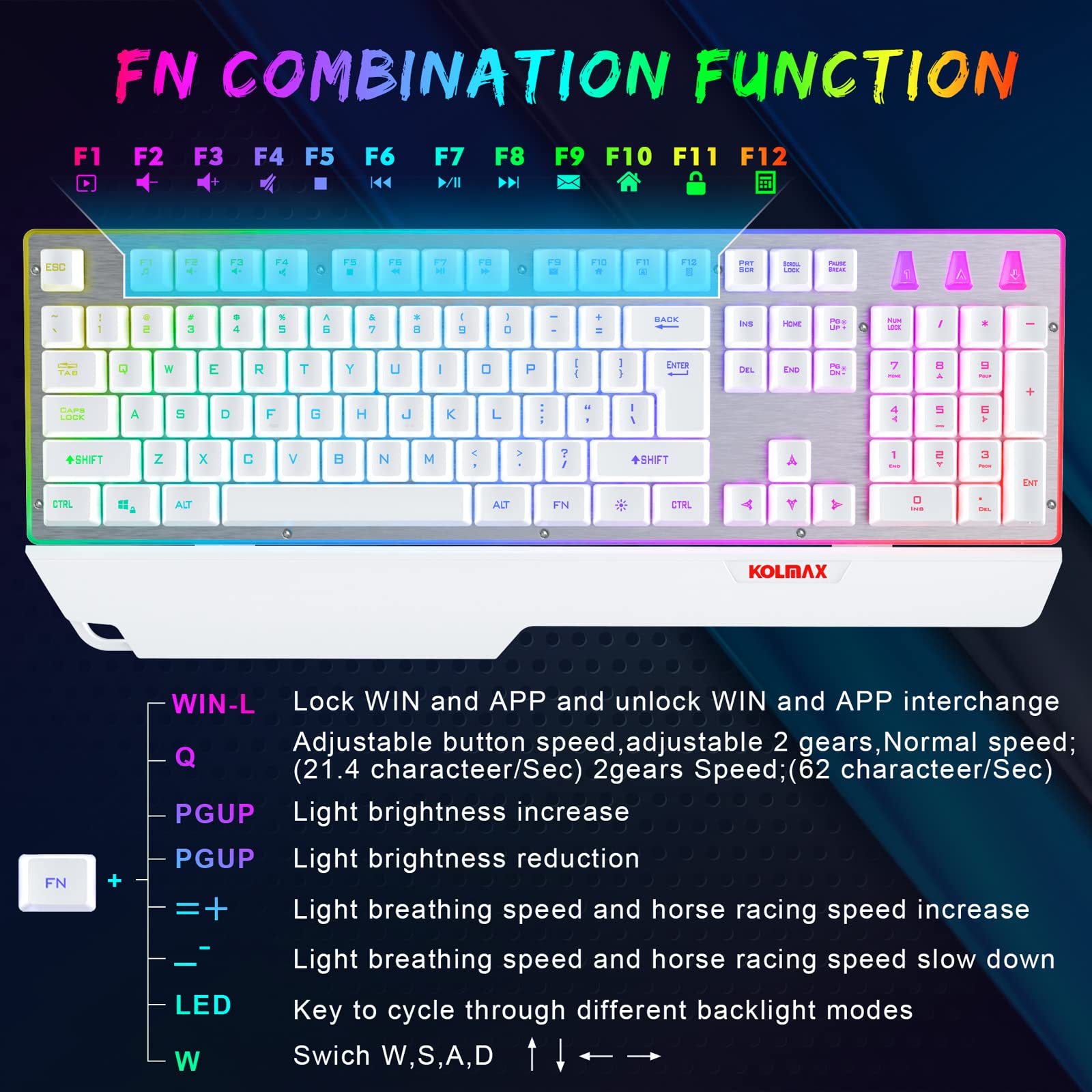 White Gaming Keyboard Colorful Rainbow Backlit Keyboard with Ergonomic Detachable Wrist Rest,Transparent Aluminum Panel Keyboard with Mechanical Feeling 104 Keys for PC PS4 Xbox Mac Office/Gaming