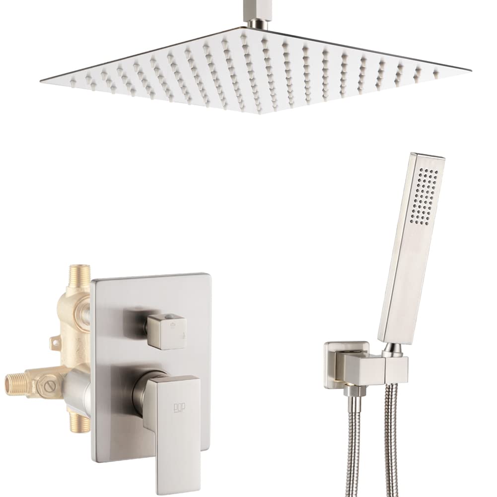 POP SANITARYWARE Ceiling Mount Shower Faucet Set Brushed Nickel Bathroom Luxury Rain Mixer 12 Inch Shower Head System with Handheld Single Handle Shower Trim Kit with Valve