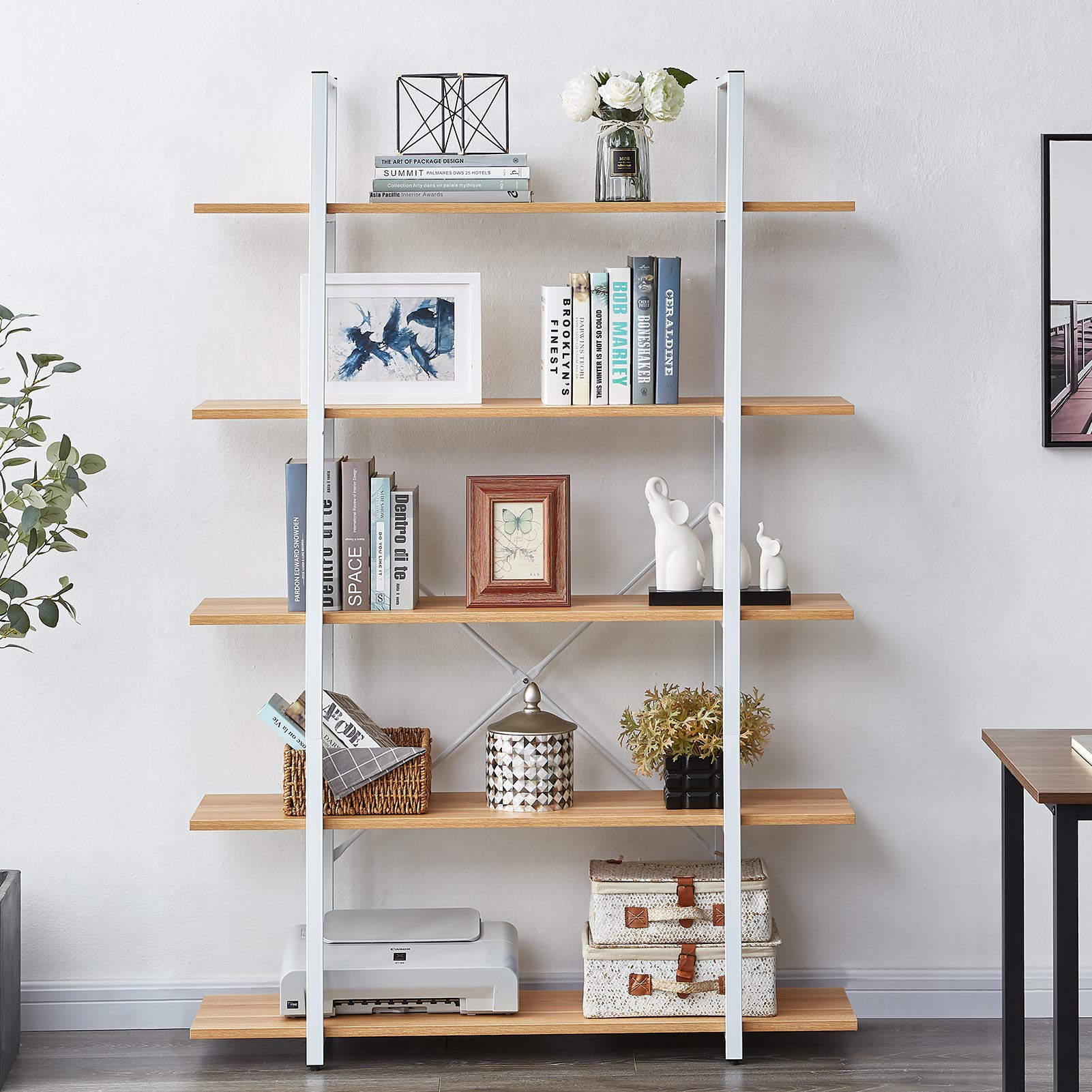 SUPERJARE 5-Tier Bookshelf, Industrial Bookcase with Metal Frame, Modern Rustic Shelving Unit for Home Office, Wood Grain - Nature