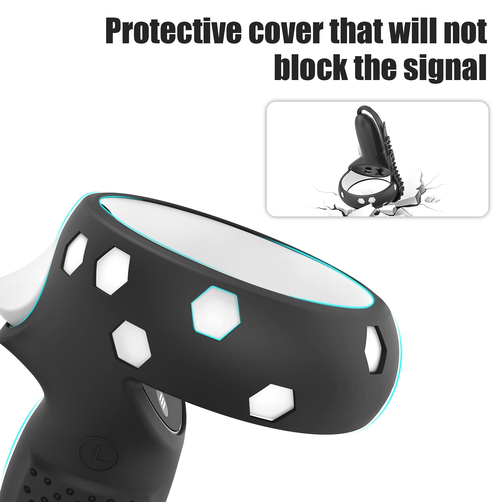 VR Controller Grip Cover, Silicone Face Cover, Protective Lens Cover, Anti-Throw Protector with Adjustable Straps, Full Cover Handle Sleeve for Oculus Quest 2 (black)