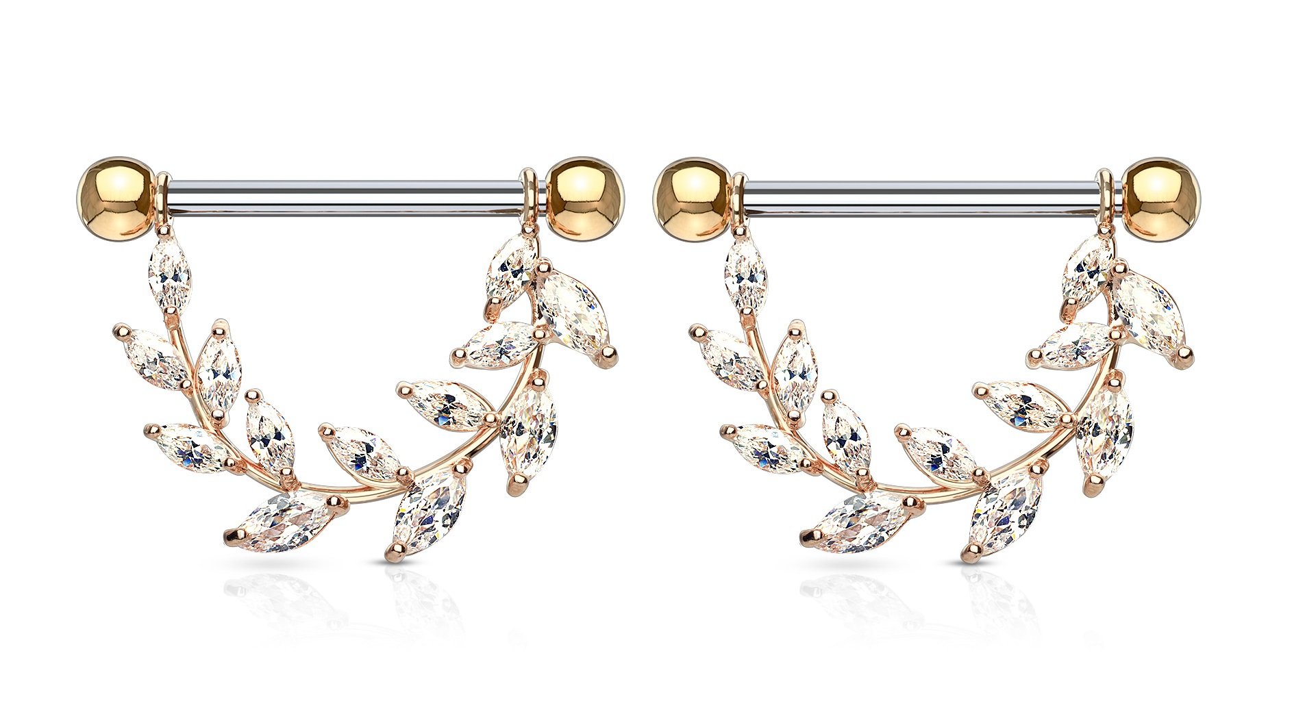 Pierced Owl 14GA Stainless Steel Marquise CZ Crystal Vine Dangling Nipple Rings, Sold as a Pair (Rose Gold Tone)