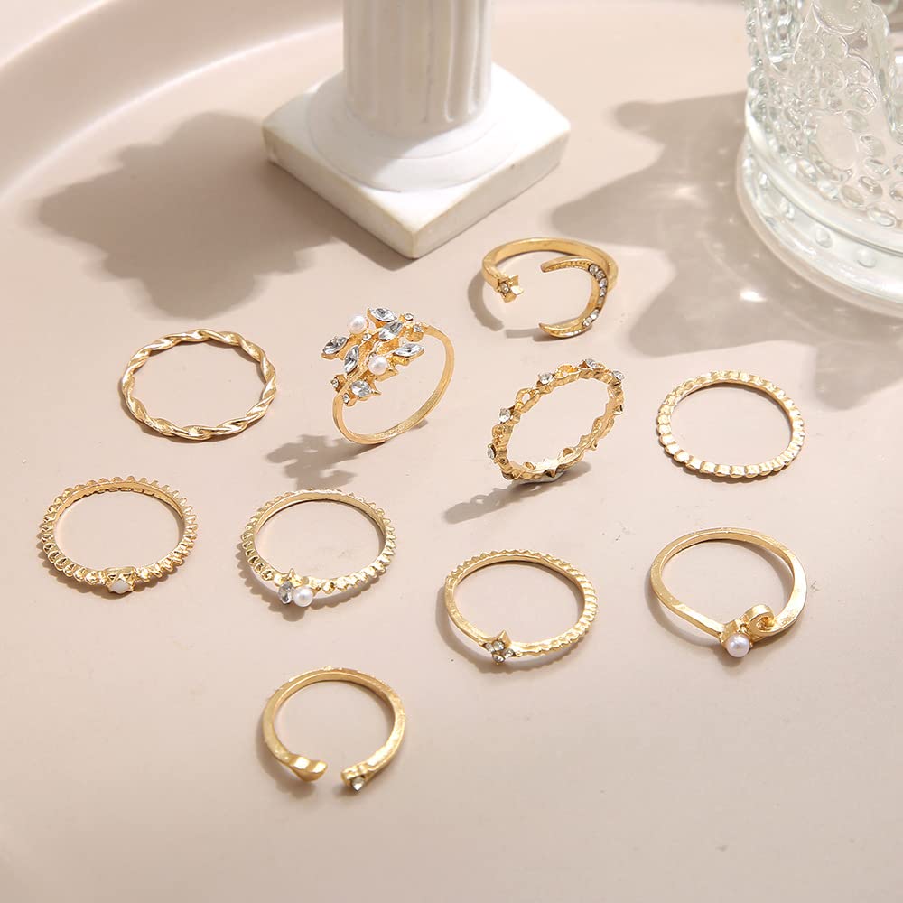 ZZ ZINFANDEL 9-10pcs Bohemian Knuckle Stacking Rings, Women Multiple Stackable Rhinestone Pearl Flowers Joint Finger Rings Dainty Stack Gold Midi Rings Set (adjustable) (D)