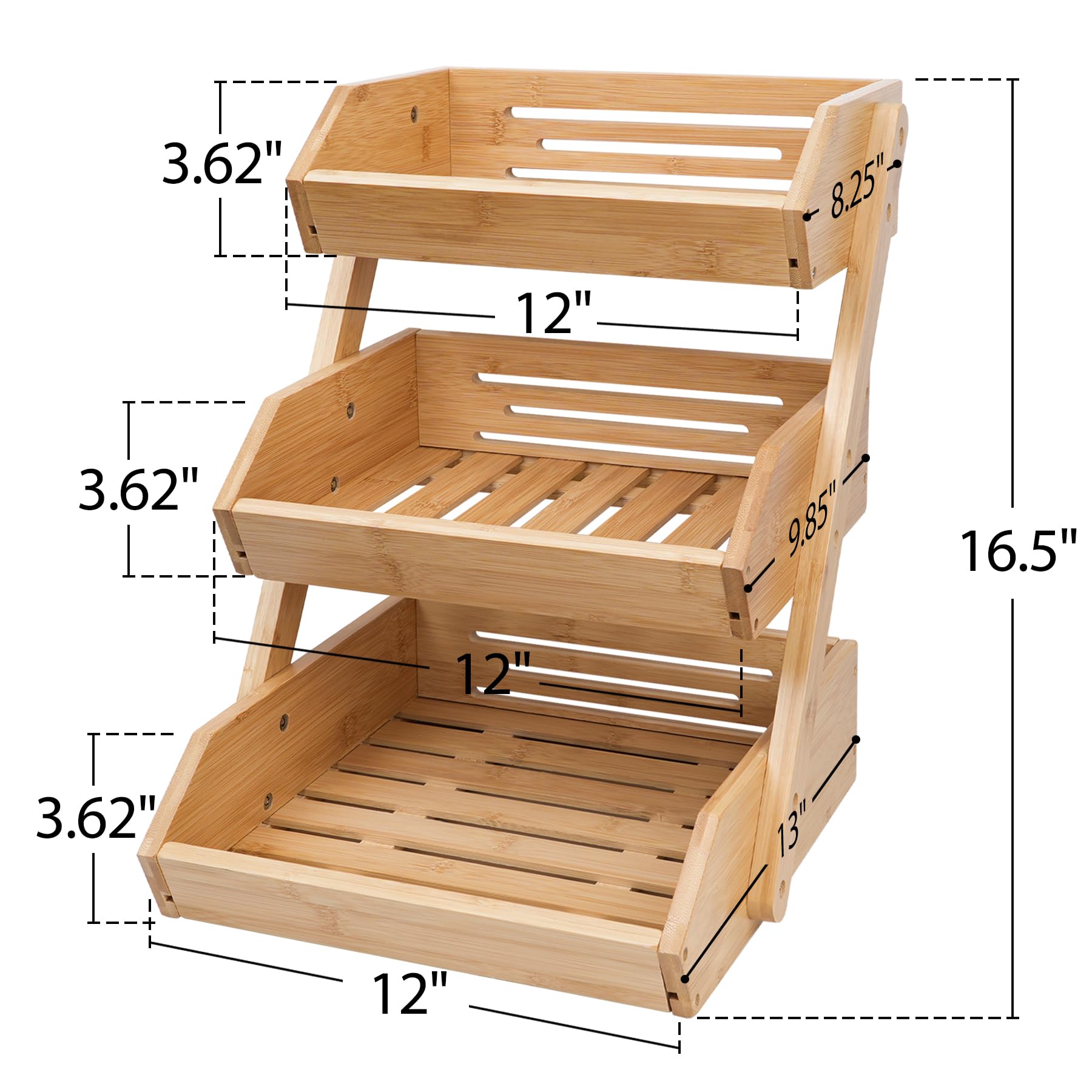 Purbambo 3-Tier Bamboo Fruit Basket for Kitchen Counter, Large Capacity Fruits Storage Rack Vegetables Bowl Stand Holder