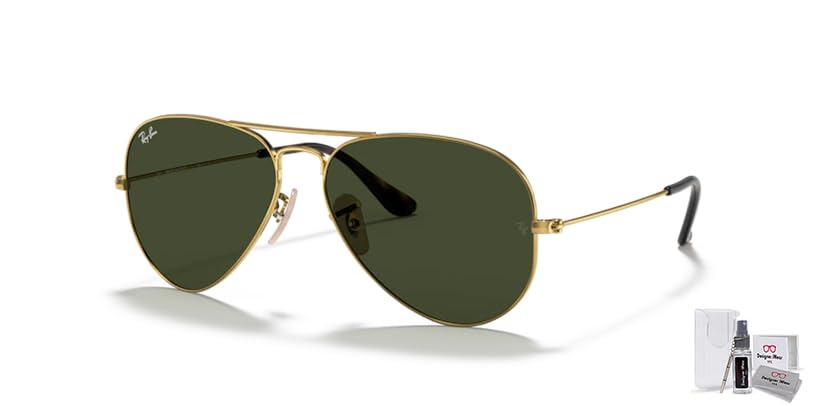 Ray-Ban RB3025 Aviator Large Metal Non-Polarized Sunglasses For Men For Women Gold/Green + BUNDLE with Designer iWear Eyewear Kit