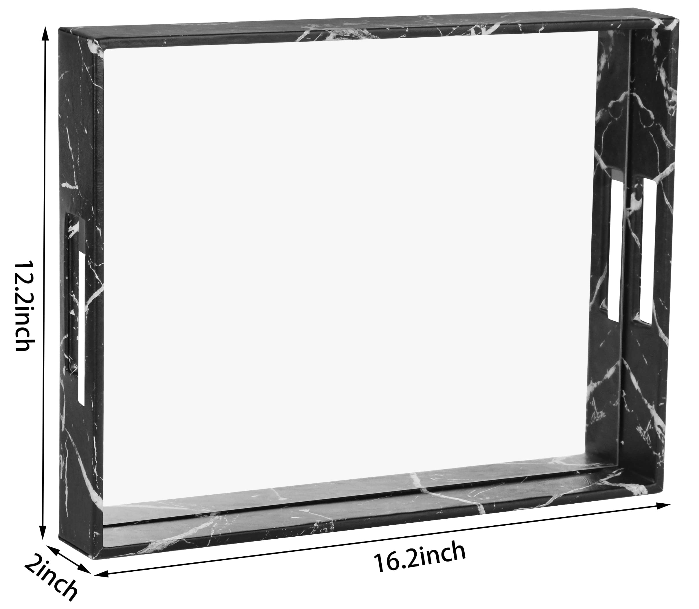 Vixdonos Decorative Serving Tray Marble Black Leather Tray Mirror Ottoman Tray with Handles for Coffee,Candle Holders,16.2'' X 12.2" X 2''