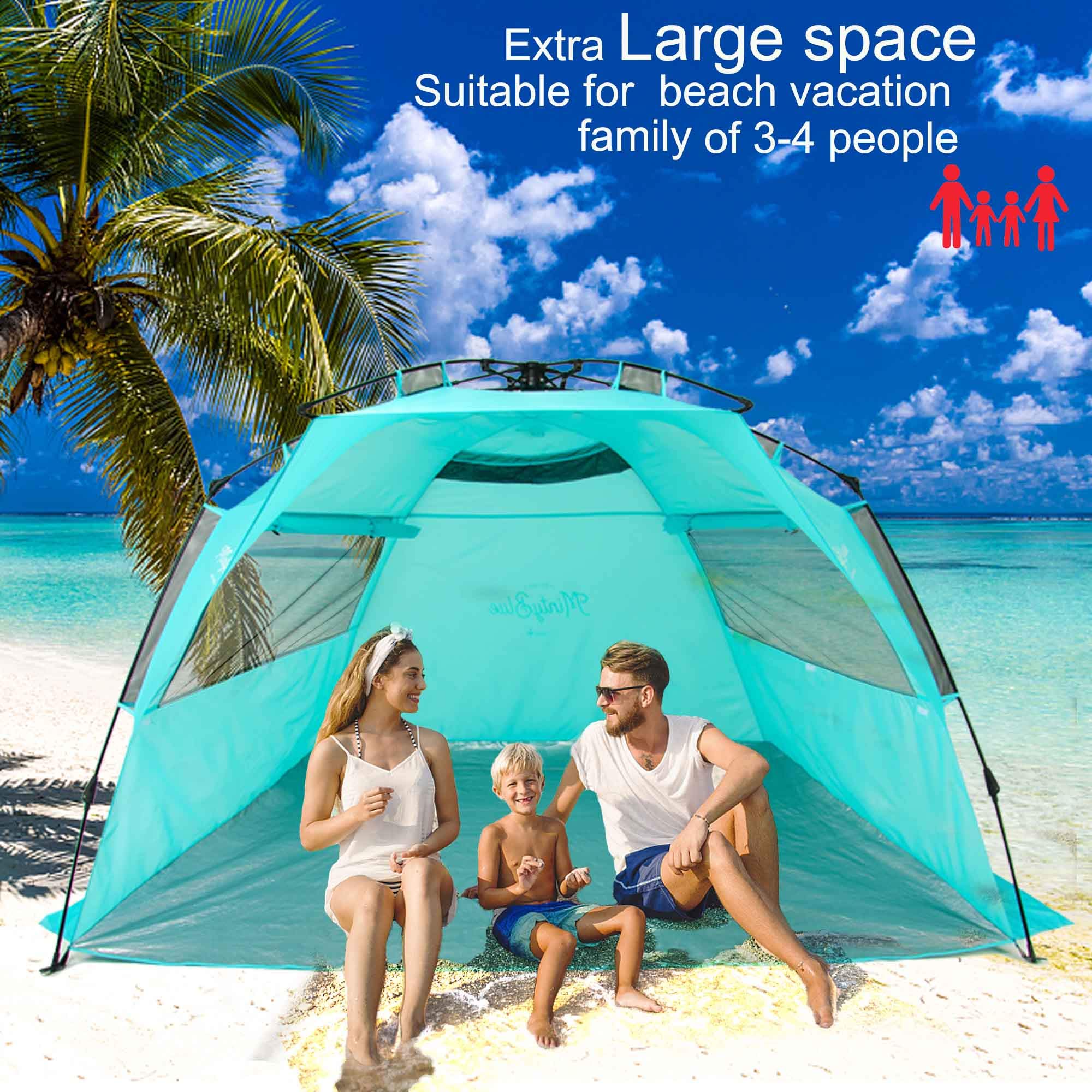 porayhut Easy Up Folding Beach Tent Sun Shade Shelter,3-4 Person for Family,SPF 50+,Large Mesh Roll Up Ventilation Windows,Storage Pockets,Carry Bag and Stakes