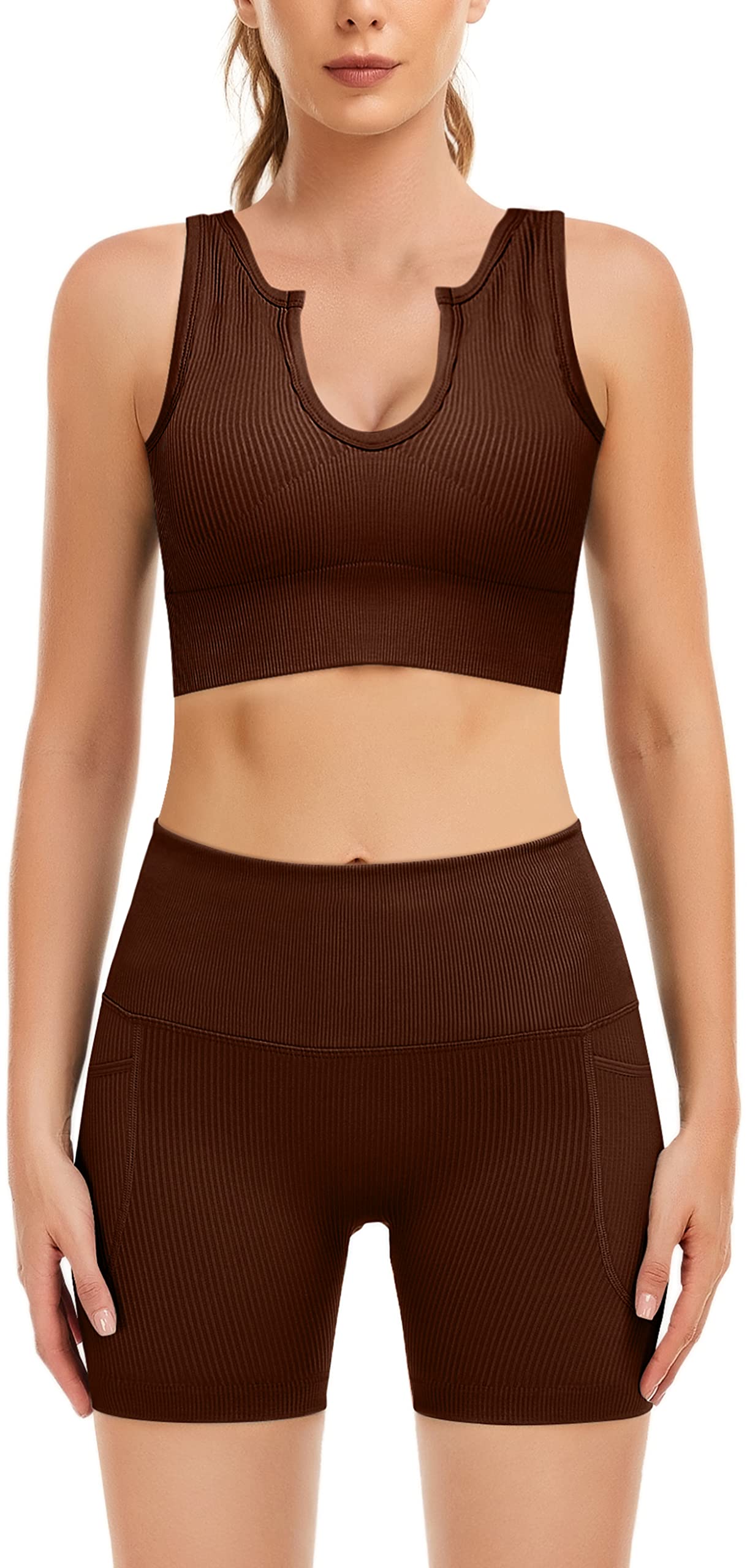 Yoga Workout Seamless Sets with Ribbed Design for Women,2 Piece Set with Ribbed Flattering Notch Top