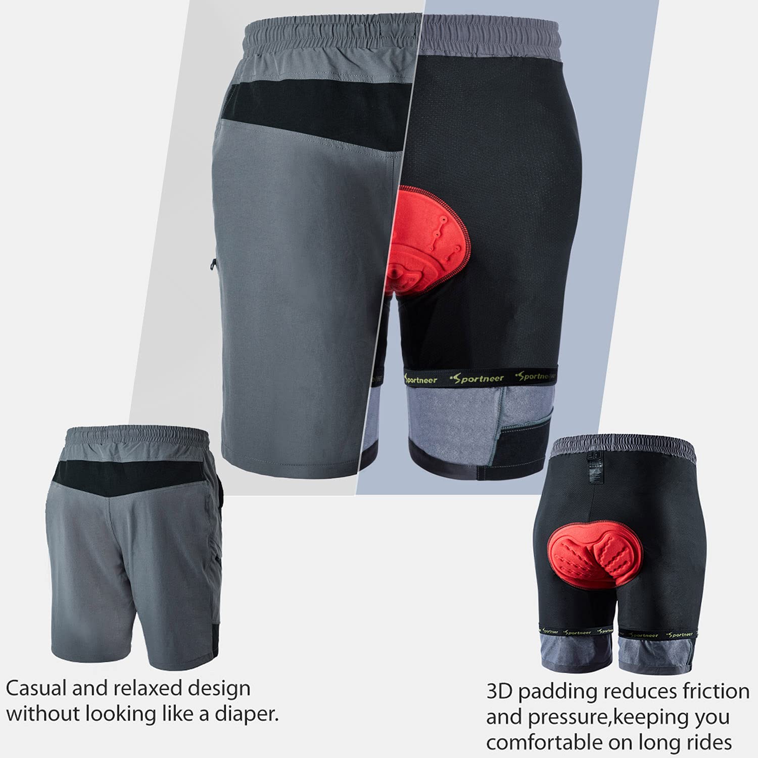 Sportneer Mens Mountain Bike Shorts - 3D Padding MTB Cycling Shorts for Men with Liner and Loose Fit (Medium, Grey)