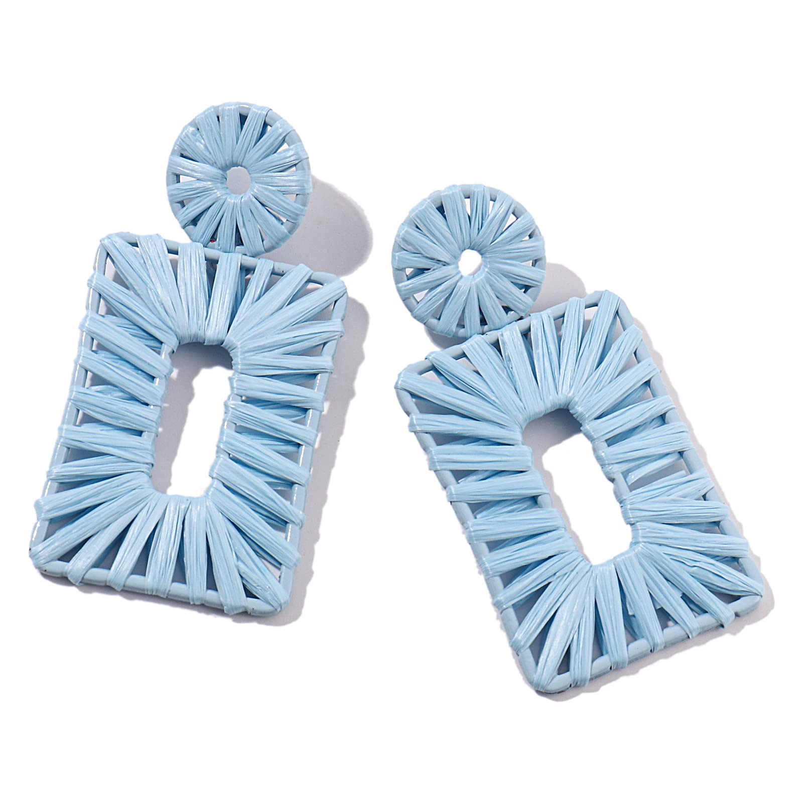 Statement Raffia Earrings Boho Drop Earrings Geometric Dangle Earrings for Women Handmade Straw Earrings Beach Earrings(Skyblue)