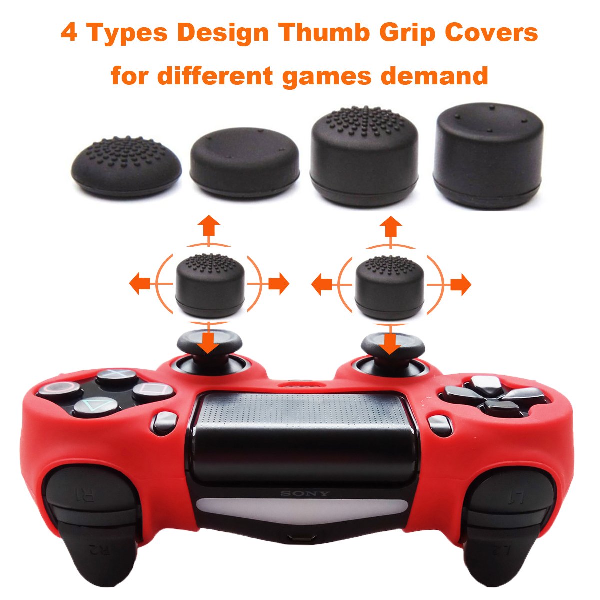 PS4 Controller Grips,Pandaren Studded Anti-Slip Silicone Cover Skin Set Compatible for PS4 /Slim/PRO Controller(Red Controller Skin x 1 + FPS PRO Thumb Grips x 8)