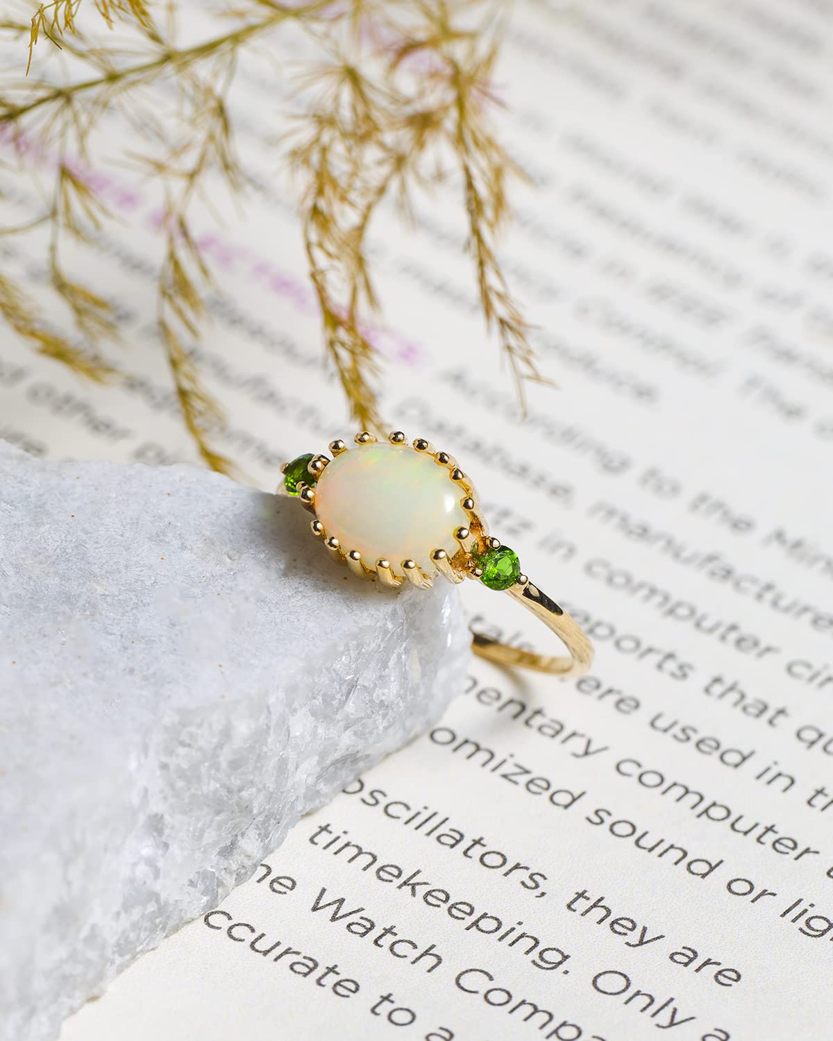 YoTreasure 1.09 Ct. Genuine Ethiopian Opal Chrome Diopside Promise Ring 14K Yellow Gold Gemstone Jewelry
