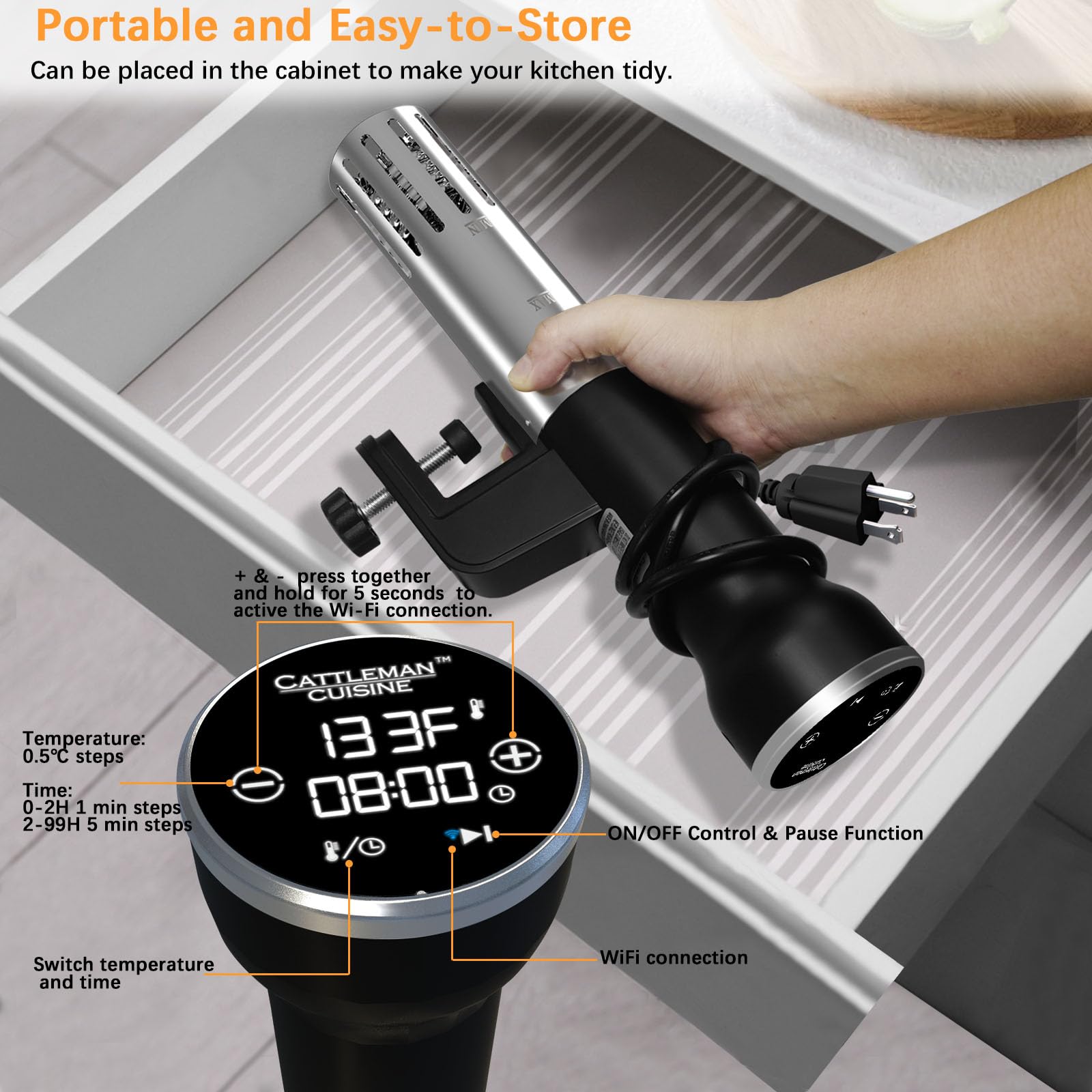 Sous Vide Machine Wi-Fi, Immersion Circulator Precise Cooker, Sous Vide Kit with 30 Vacuum Seal Bags, Vacuum Pump, Cookbook, Accurate Temperature & Timer, 1000W, IPX7 Waterproof, Cattleman Cuisine