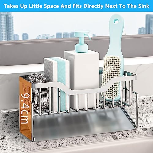 Sponge Holder for Kitchen Sink,Stainless Steel Sponge Caddy, Countertop Kitchen Sink Organizer with Drain Tray, Sponge Rack Holder for Dish Soap (Silver)