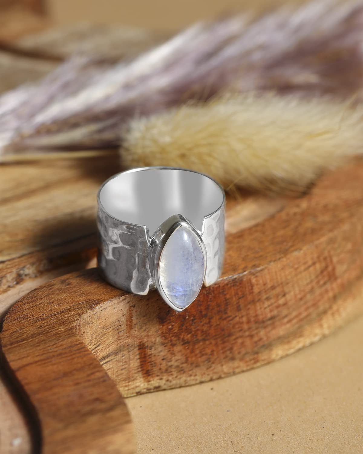 YoTreasure 7x14 MM Moonstone 925 Sterling Silver Wide Band Bold Ring (8)